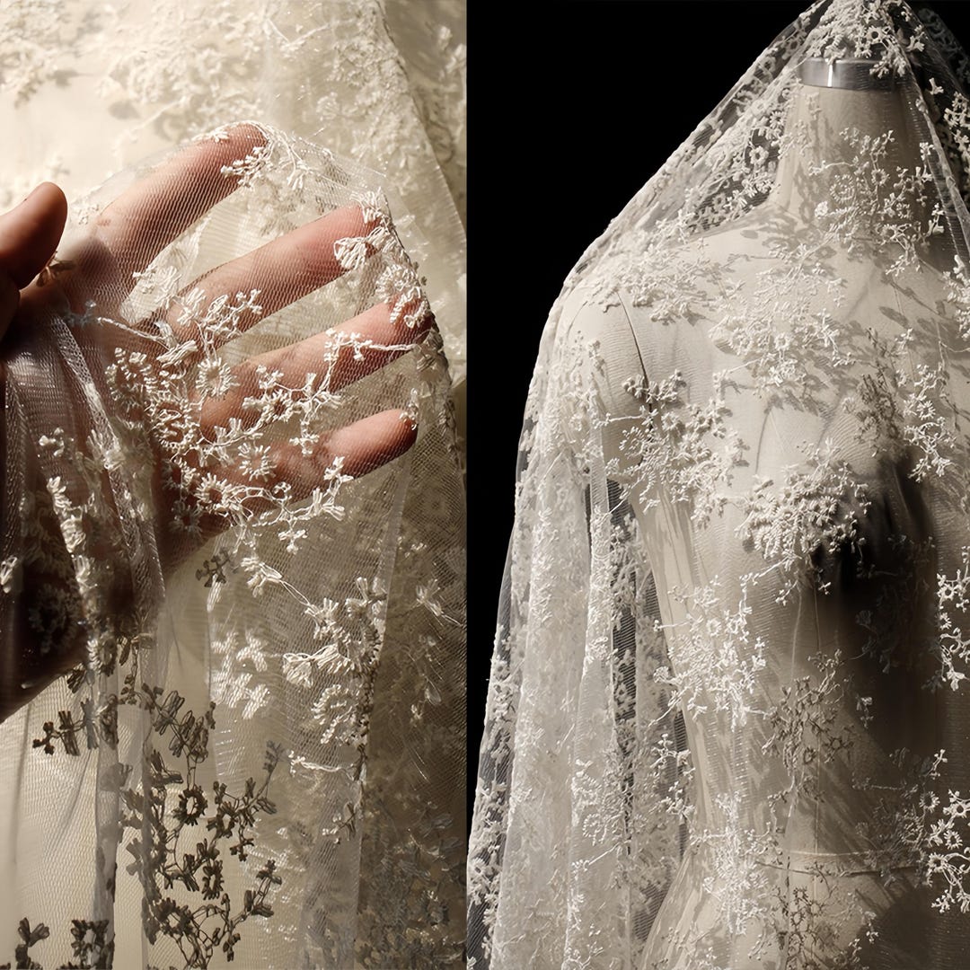 0.5 Meter French Embroidered Lace Fabric Beige Black Color | Floral ...