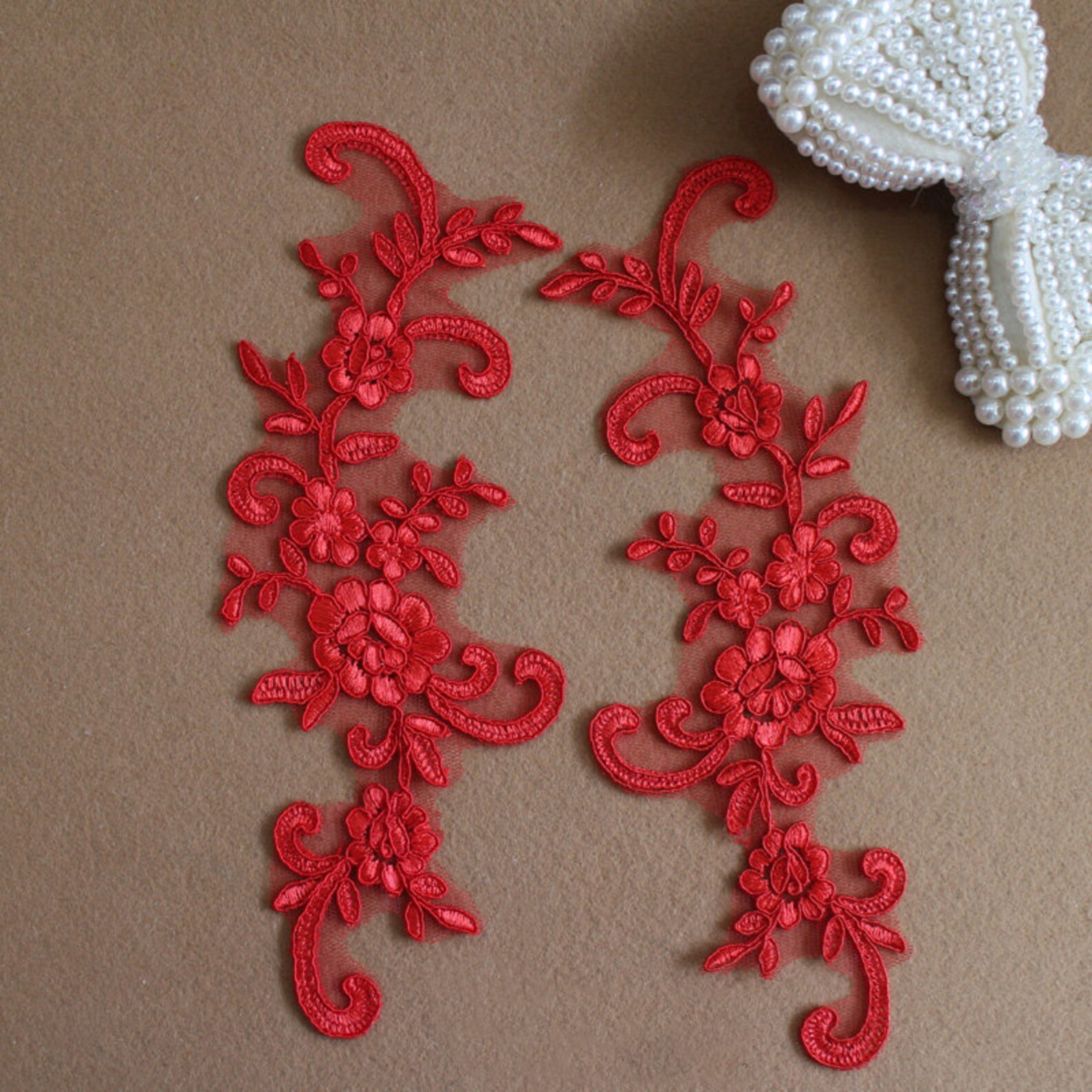 A Pair Red Flower Lace Appliques,embroidered Flowers,patches for ...