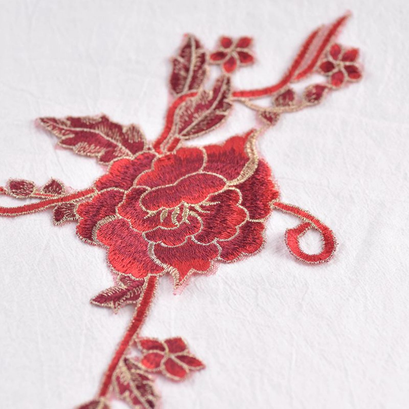 Red Gold Thread Peony Patchembroidered Lace Patchapparel - Etsy