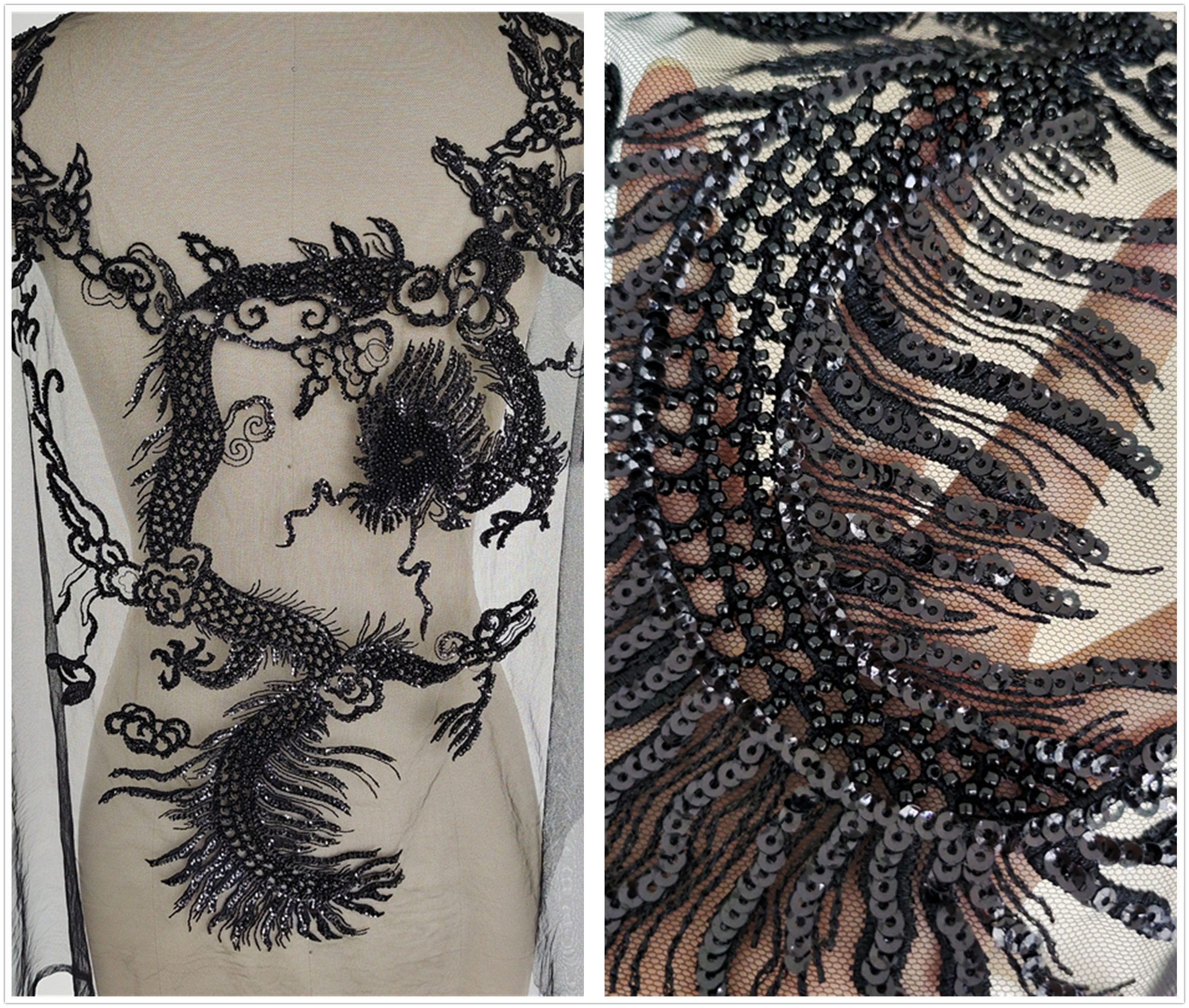 Big Black Embroidered Sequins Appliques Dragon Embroidered - Etsy