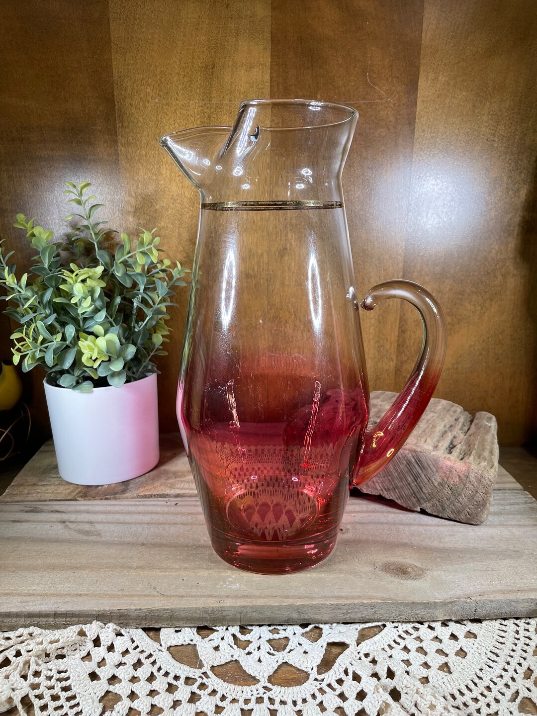 Vintage Cranberry Blendo Glass Pitcher, Gold Trim 12 Tall - Etsy