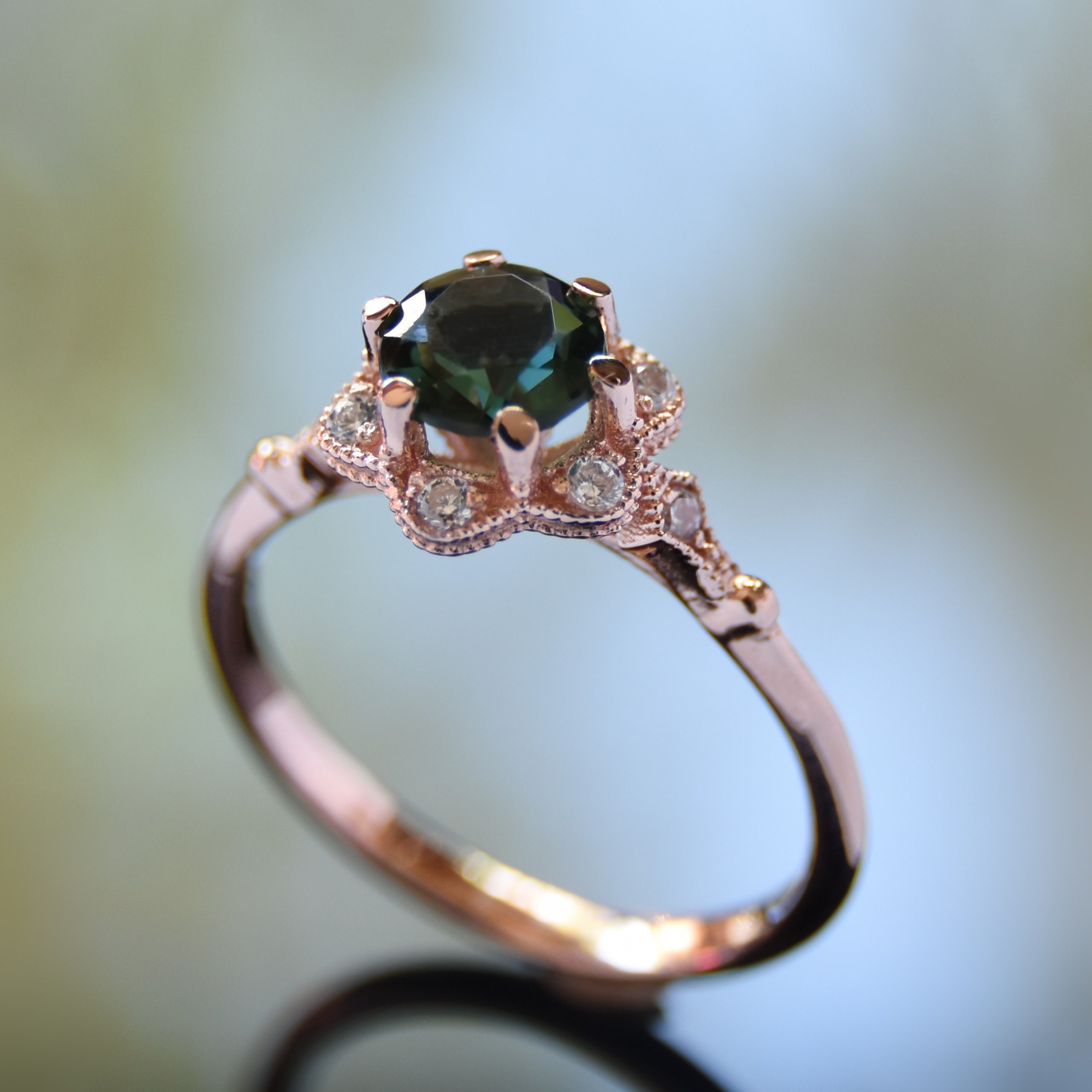 Green Spinel Rose Gold Ring With Clear Zircons - Etsy