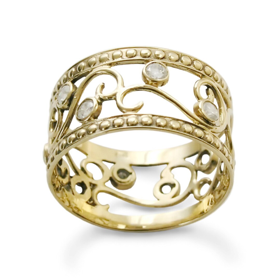 Wide Gold Filigree Ring With Diamonds - Etsy