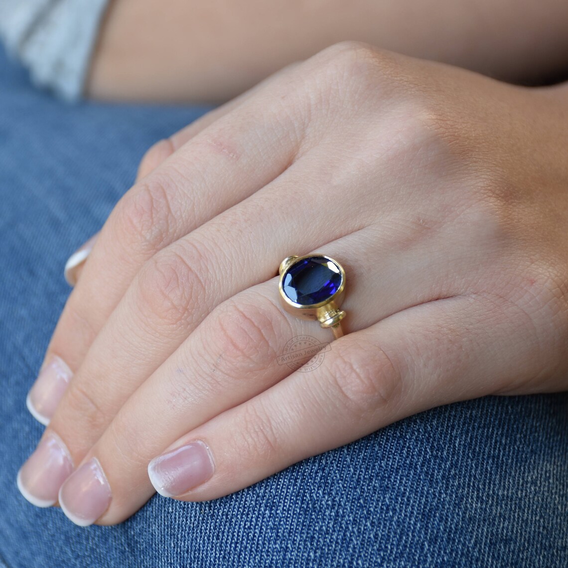 Matte Gold Oval Ring With Sapphire - Etsy
