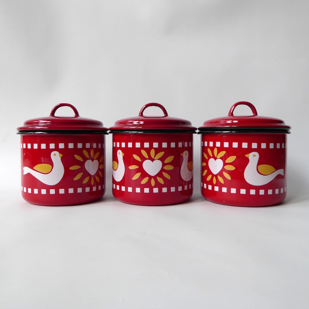 Vintage Red Enamel Set of 3 Storage Jars Canisters Pots. Red, White ...