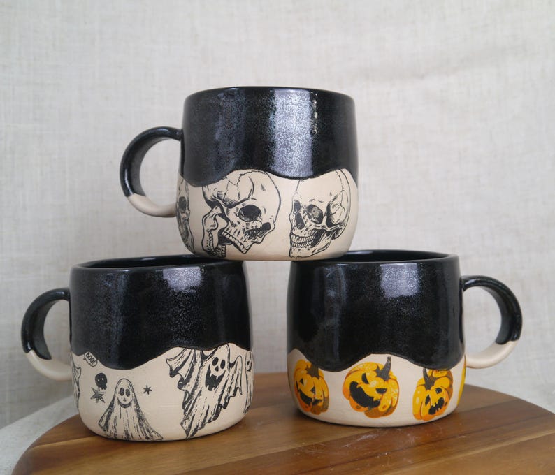 Halloween Mug - Handmade Stoneware Mug - Sparkly Black Glaze - Pumpkin Mug - Ghost Mug - Skull ...