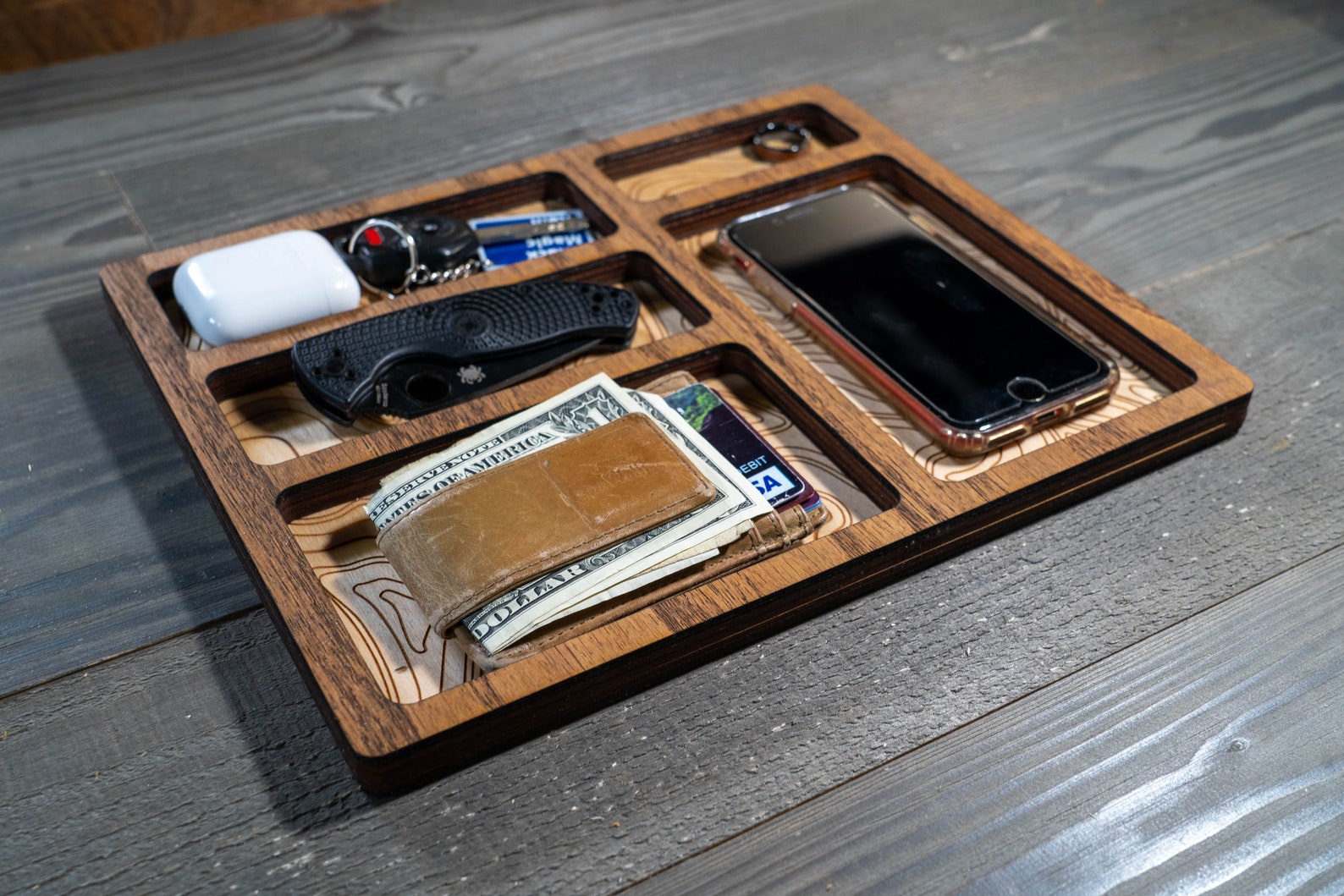 EDC Nightstand Dump Tray - Wood Valet Tray - Topo Map Engraving - Etsy