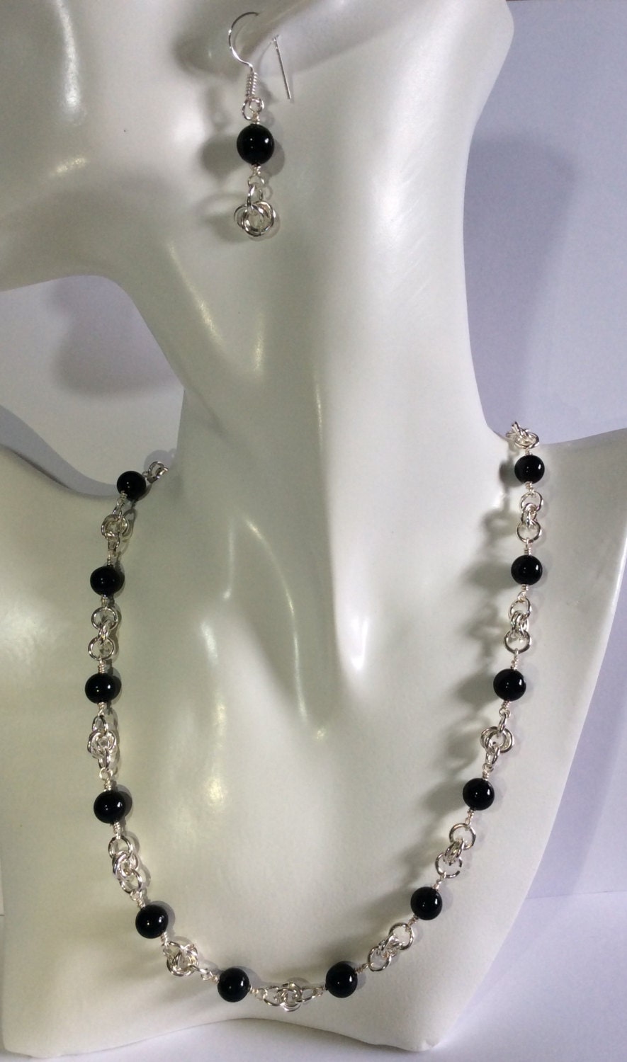 Black Obsidian and Chain Maille Necklace and Earring Set - Etsy UK