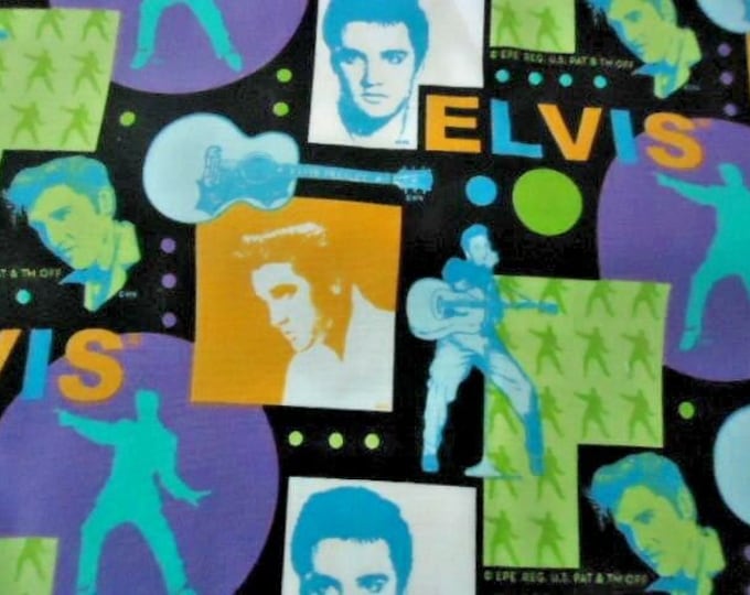 ELVIS KING of ROCK Fabric Grey Black White Elvis Presley Musical Notes ...