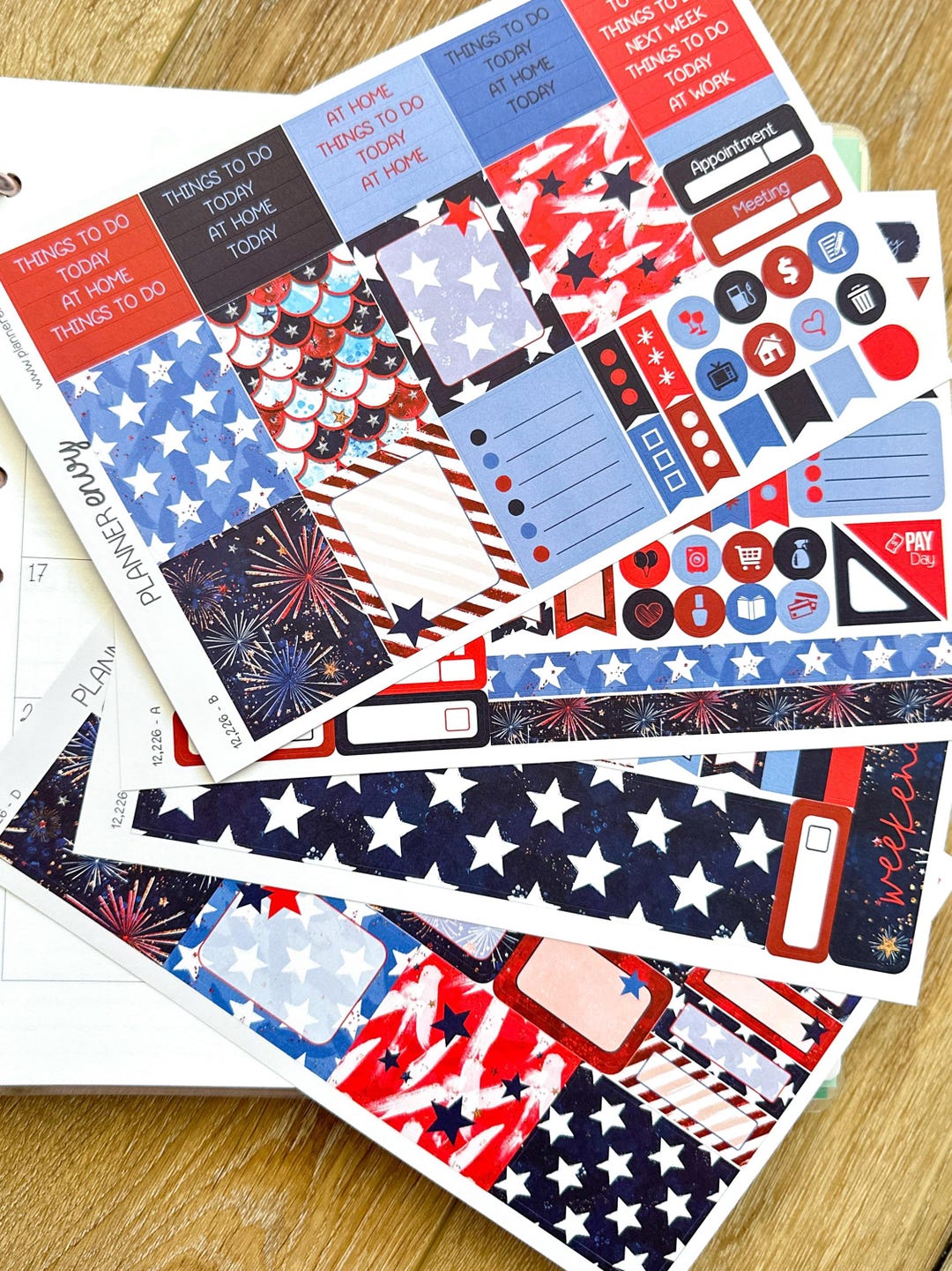 4th of July Red White Blue Stars Stripes Planner Stickers 4-page Weekly ...