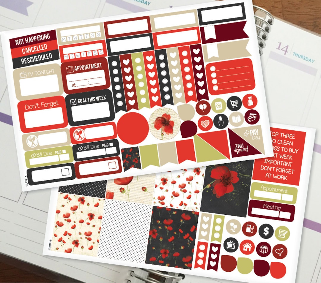 Red Poppies Mini Kit Weekly Planner Stickers for Erin Condren Vertical ...