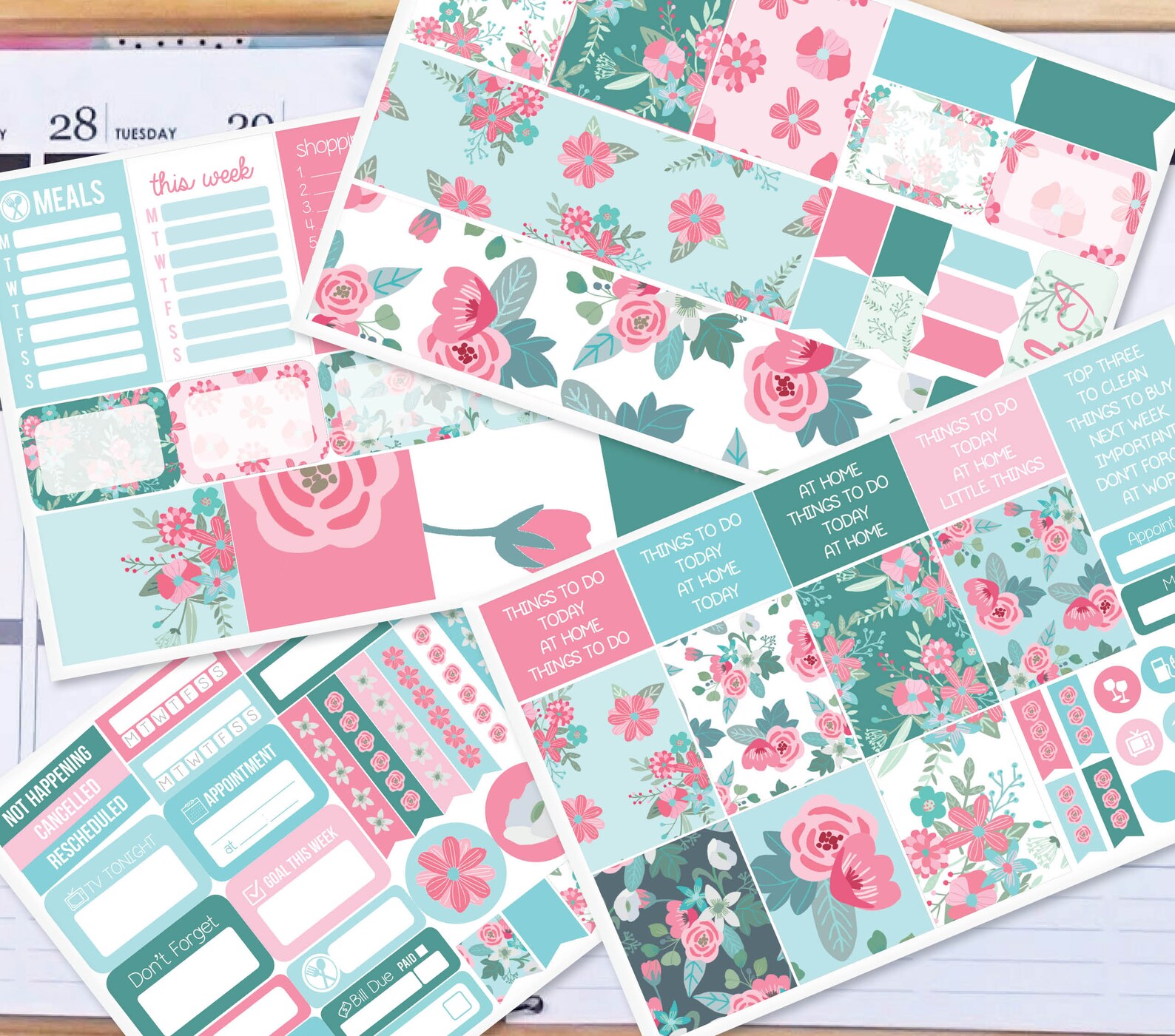 Spring Floral Teal Pink Flowers Planner Stickers Weekly Kit to | Etsy