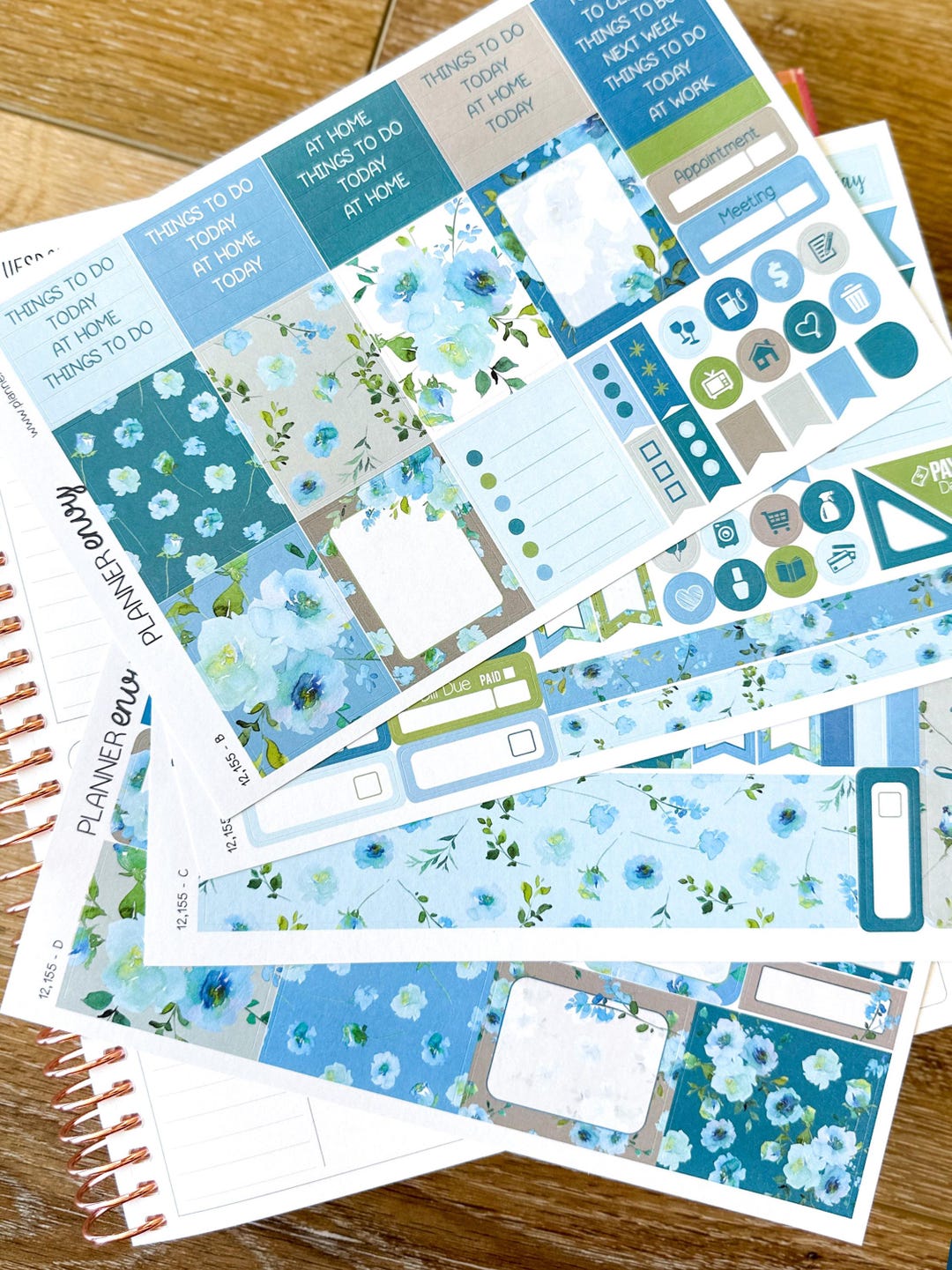Summer Blue Green Floral Planner Stickers Vertical Weekly Kit - 133 ...