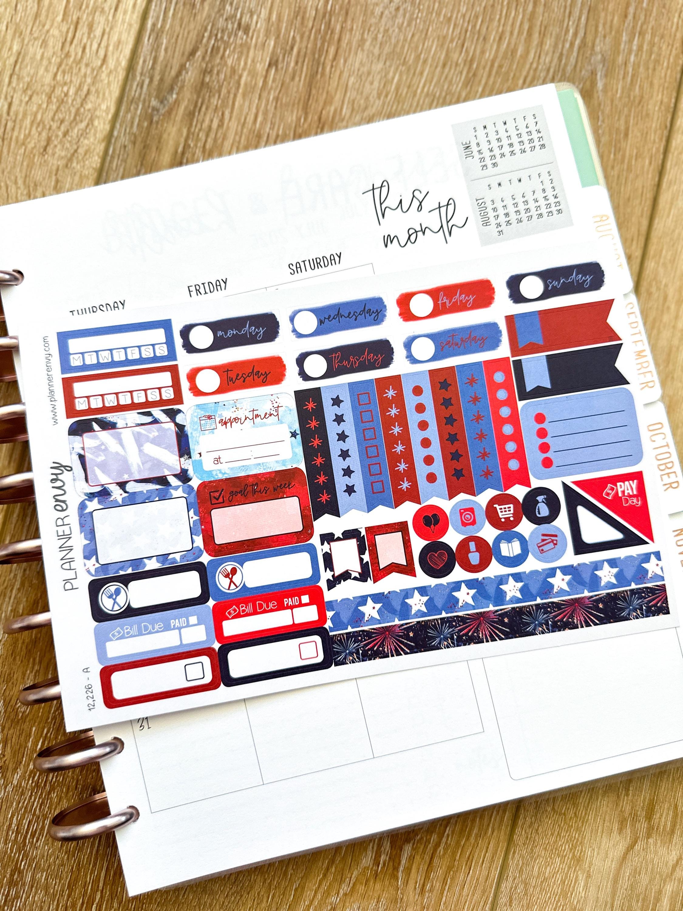 4th of July Red White Blue Stars Stripes Planner Stickers 4-page Weekly ...