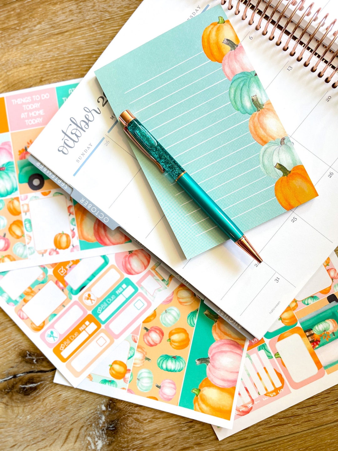 Pastel Pumpkins 4x6 Notepad Pen Teal Orange Halloween. October 2022 ...