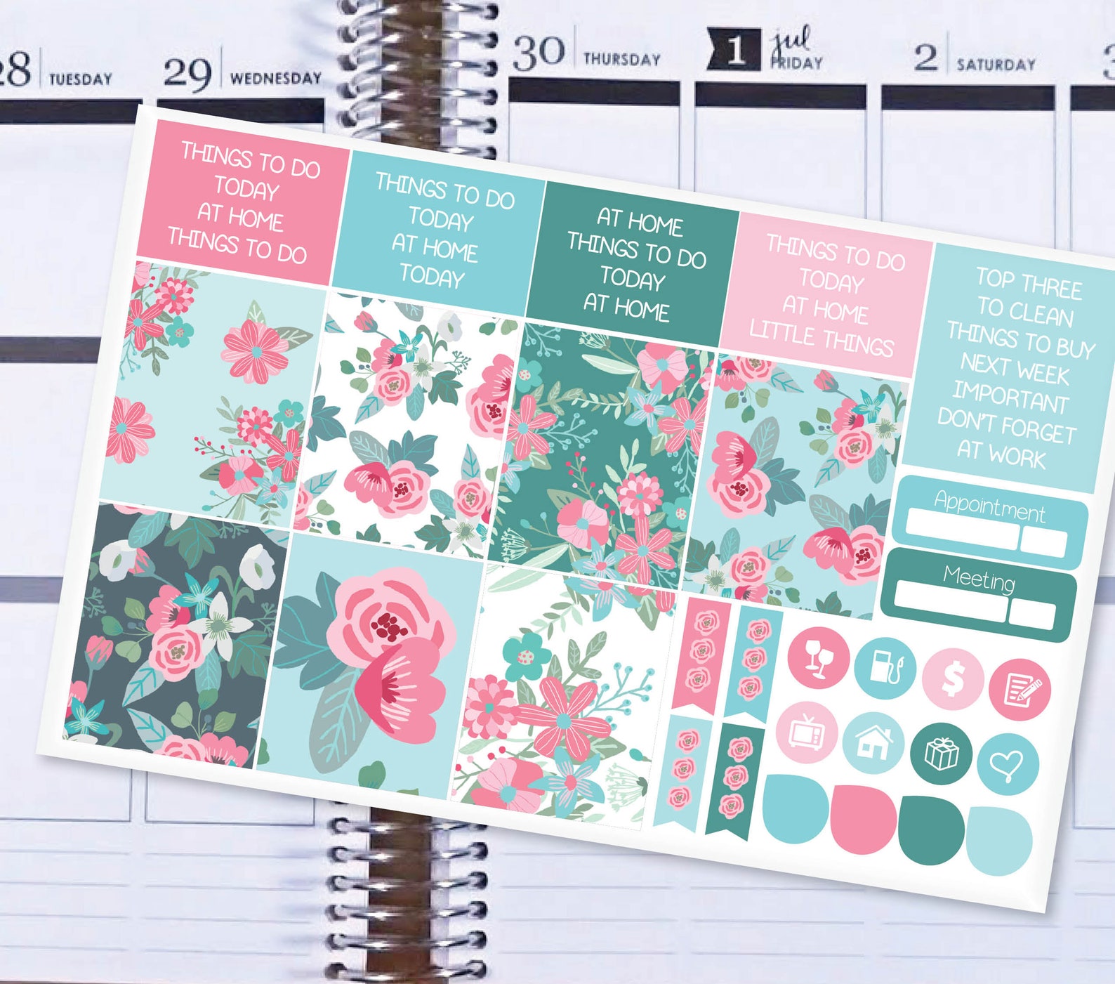 Spring Floral Teal Pink Flowers Planner Stickers Weekly Kit to | Etsy