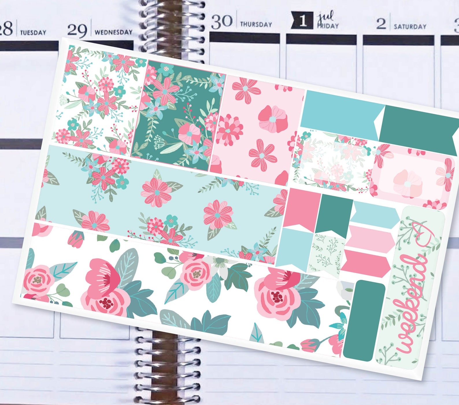 Spring Floral Teal Pink Flowers Planner Stickers Weekly Kit to | Etsy