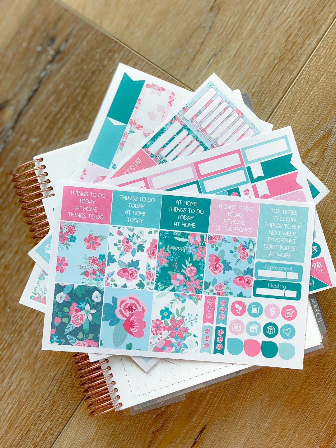 Spring Floral Teal Pink Flowers Planner Stickers Weekly Kit to - Etsy