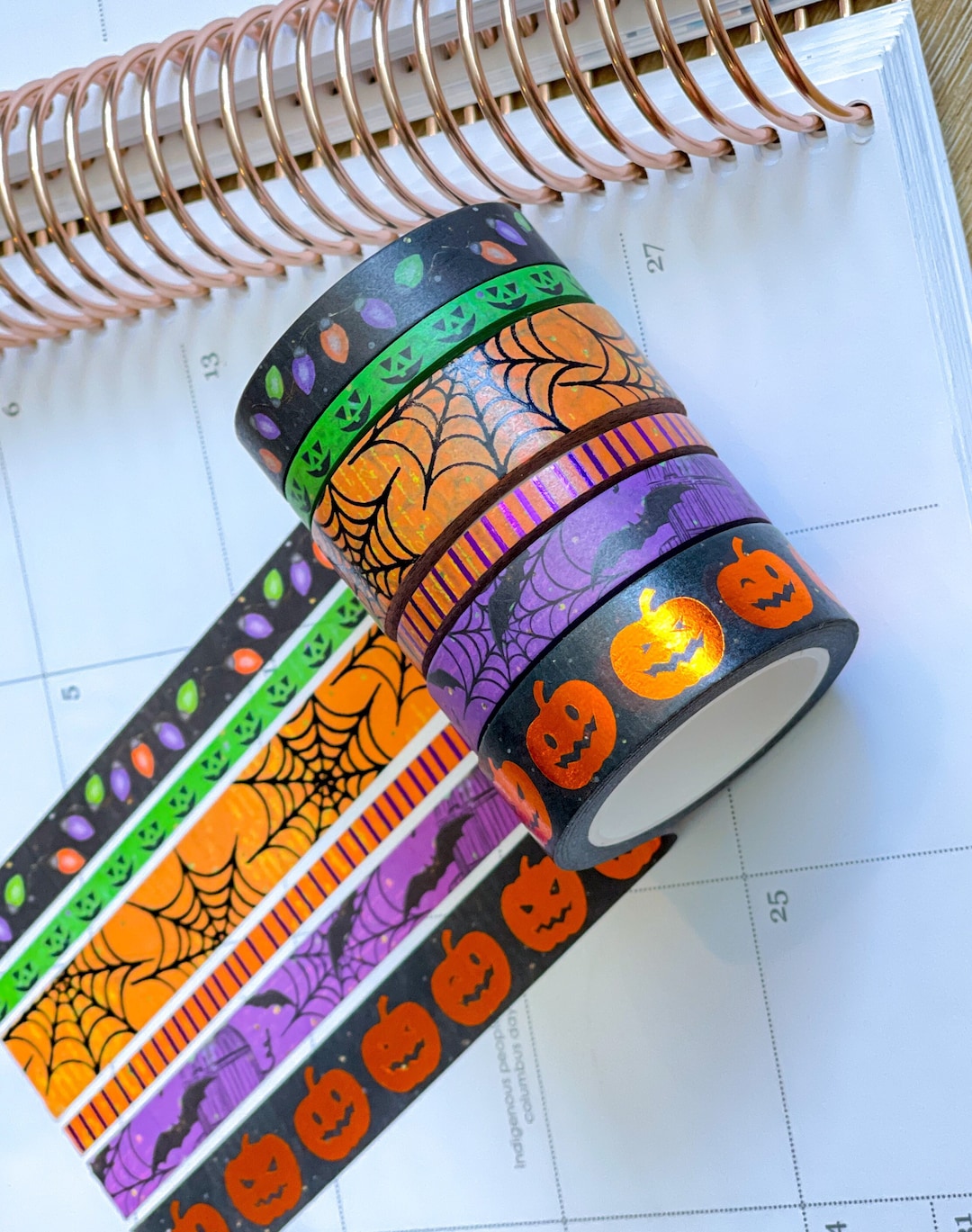 FOIL Halloween Pumpkins Spider Webs Bats Purple Orange Green Pumpkins ...