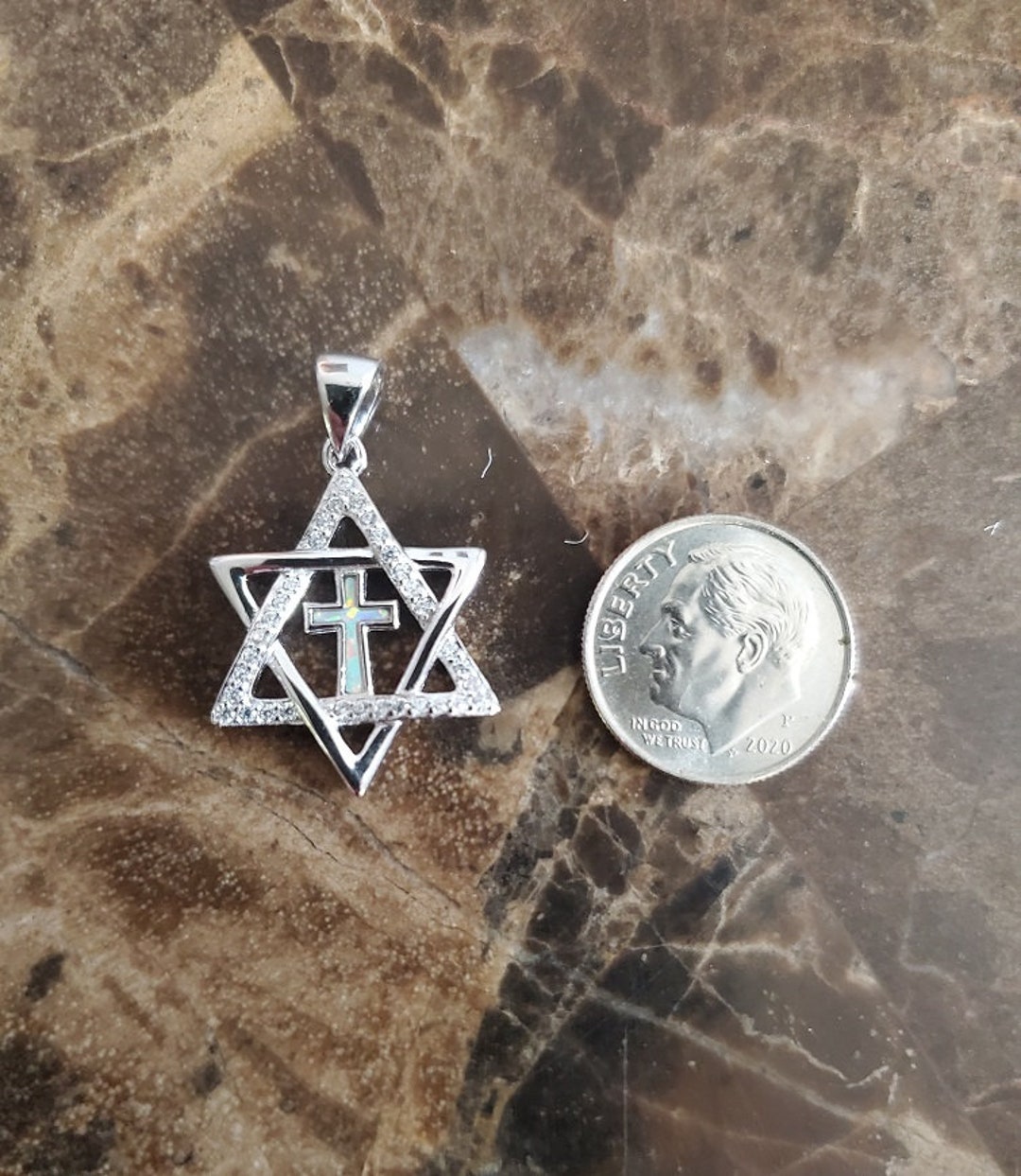 Sterling Silver Messianic Star of David Pendant – White Opal Cross & CZ ...