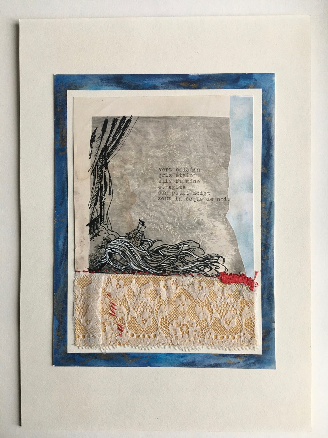 Ilustración original poética collage dibujo poema tormenta y barco y ...