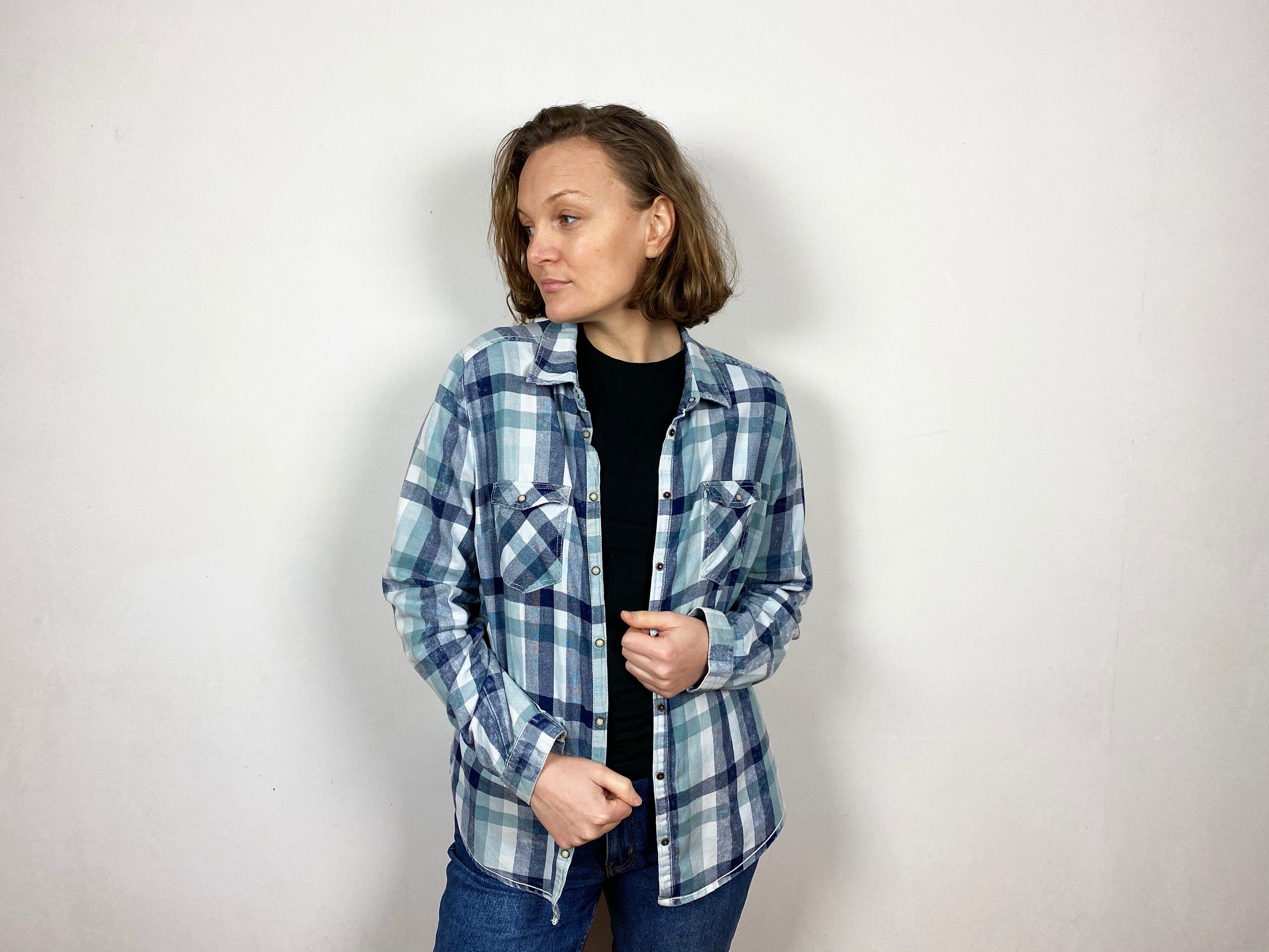 Light Blue Plaid Shirt Long Sleeve Womens Shirt Push Button | Etsy