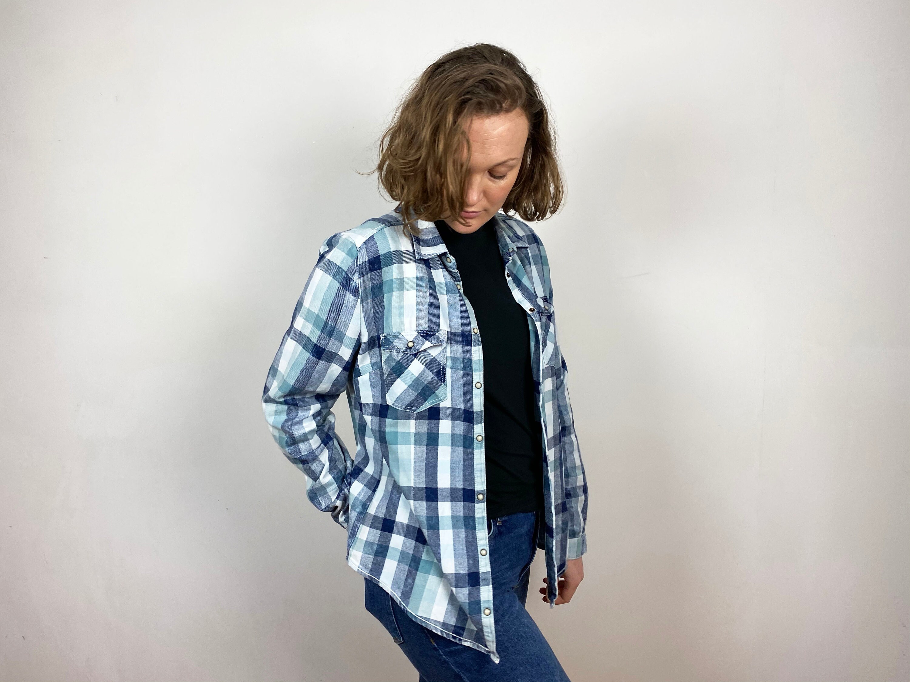 Light Blue Plaid Shirt Long Sleeve Womens Shirt Push Button | Etsy