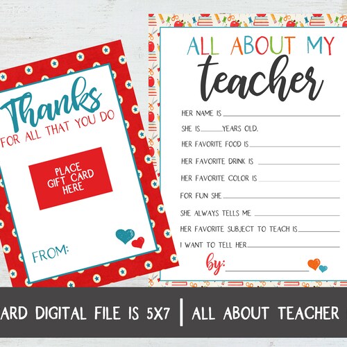 Teacher Appreciation Gift Card Printable Teacher | Etsy