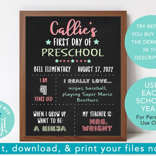 Editable First Day of School Poster DIGITAL FILE Printable - Etsy