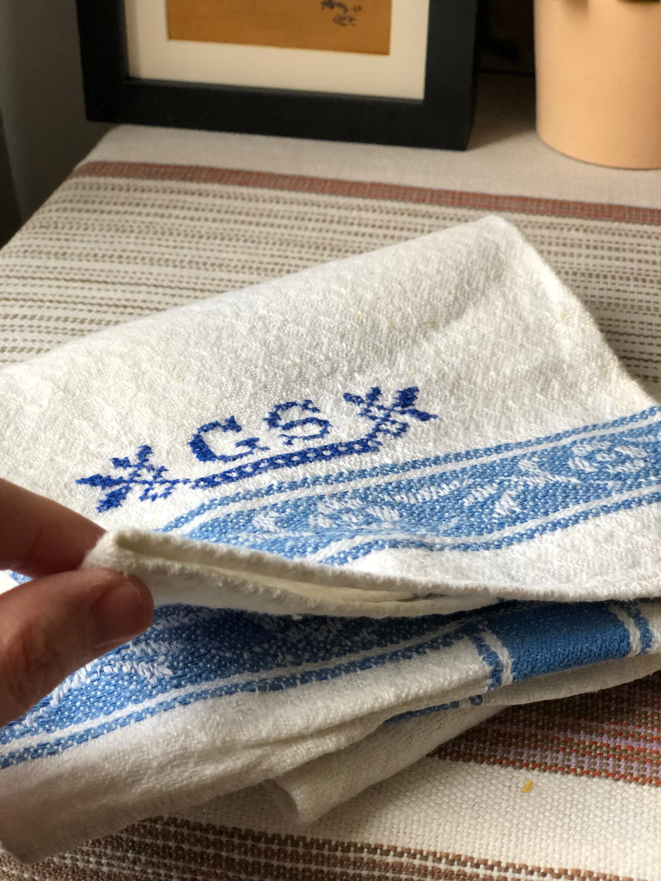 Vintage woven Scandinavian hand towel kitchen towel monogramed GS blue ...