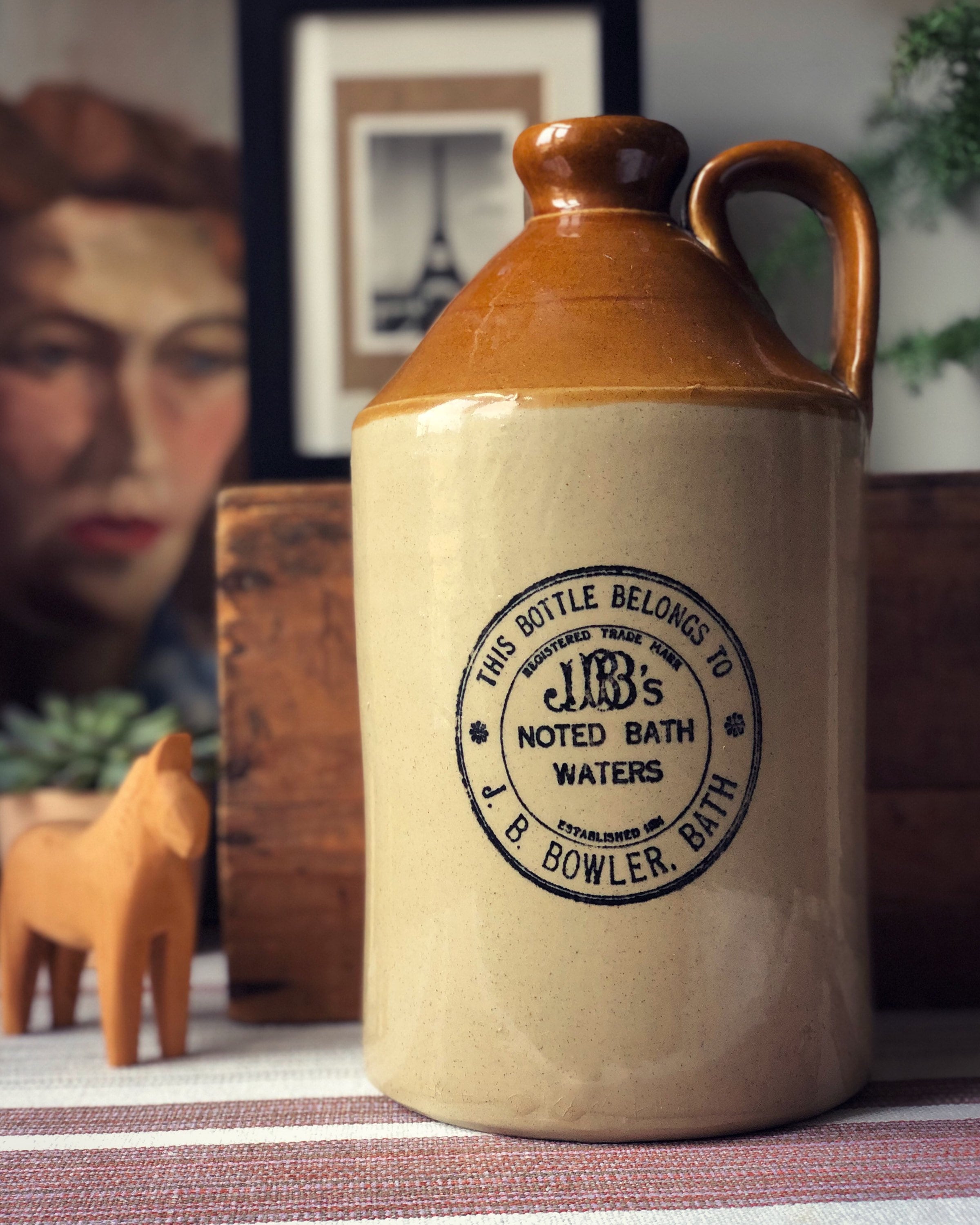 XL vintage stoneware spa bottle by JB Bowler bath decor jug ceramic ...