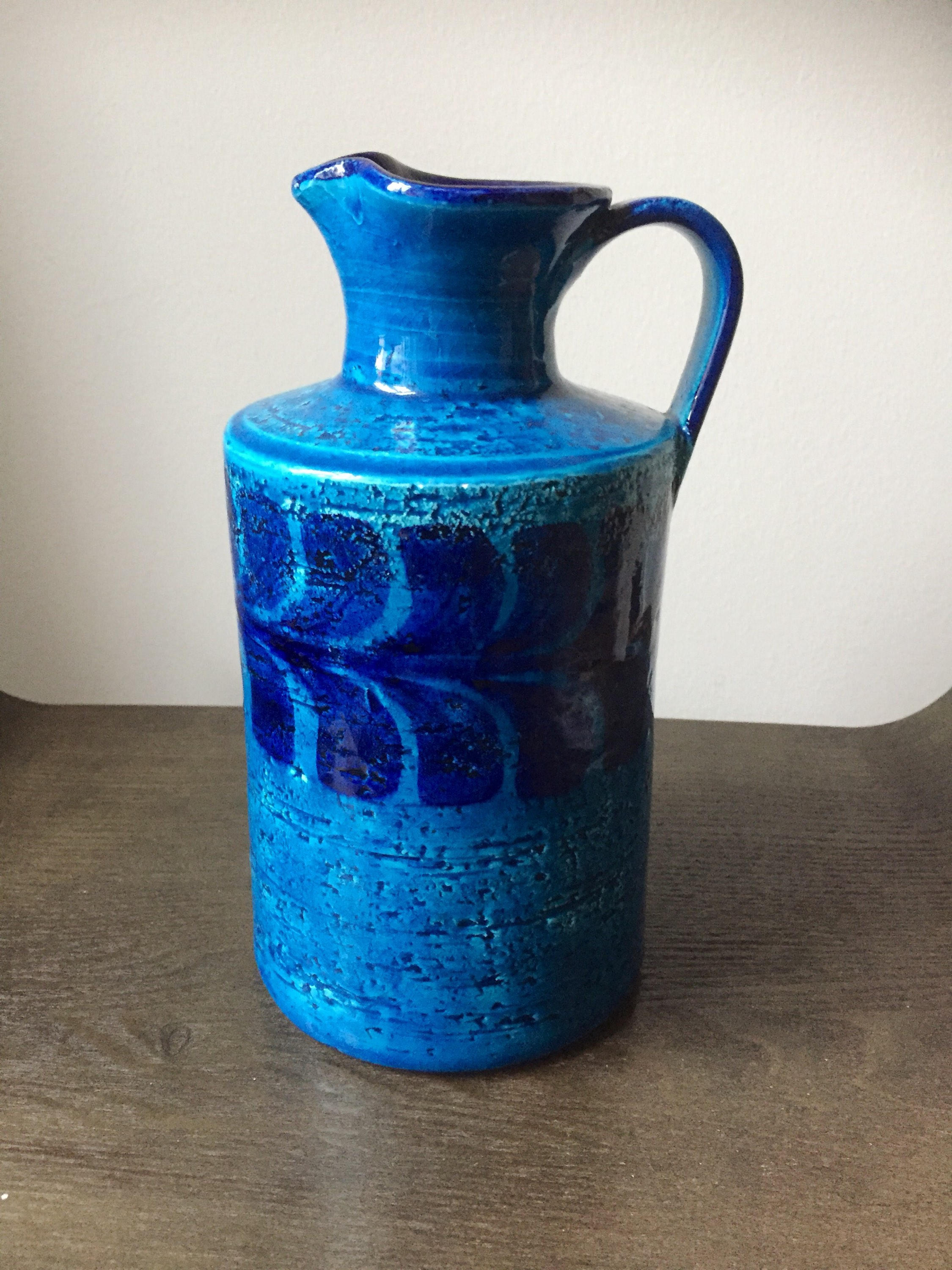 Bitossi large modernist jug vase fat lava/Italy/stunning blue glaze ...