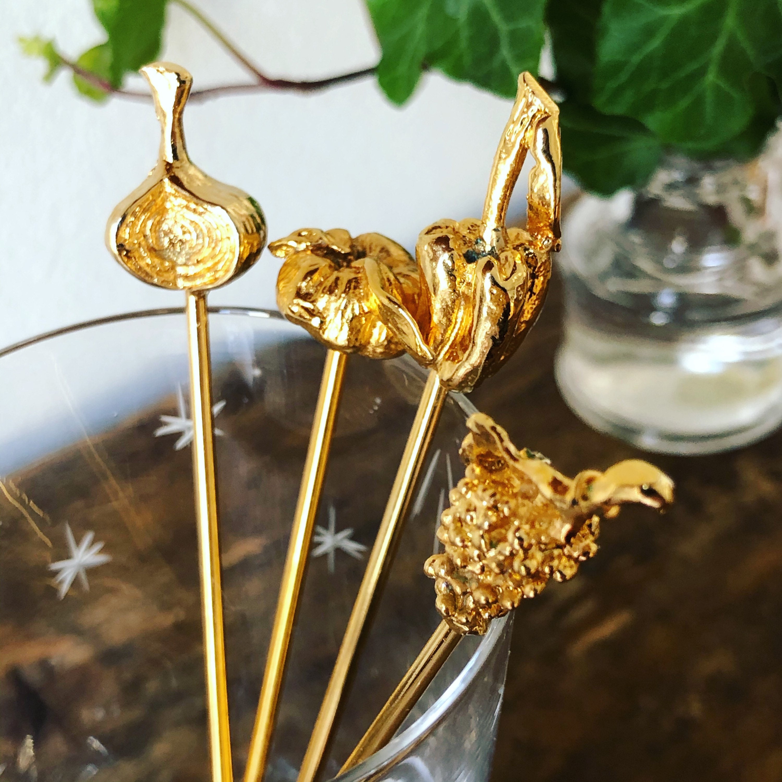 Vintage gold plated drink pin set with cocktail garnish motif Bar cart ...