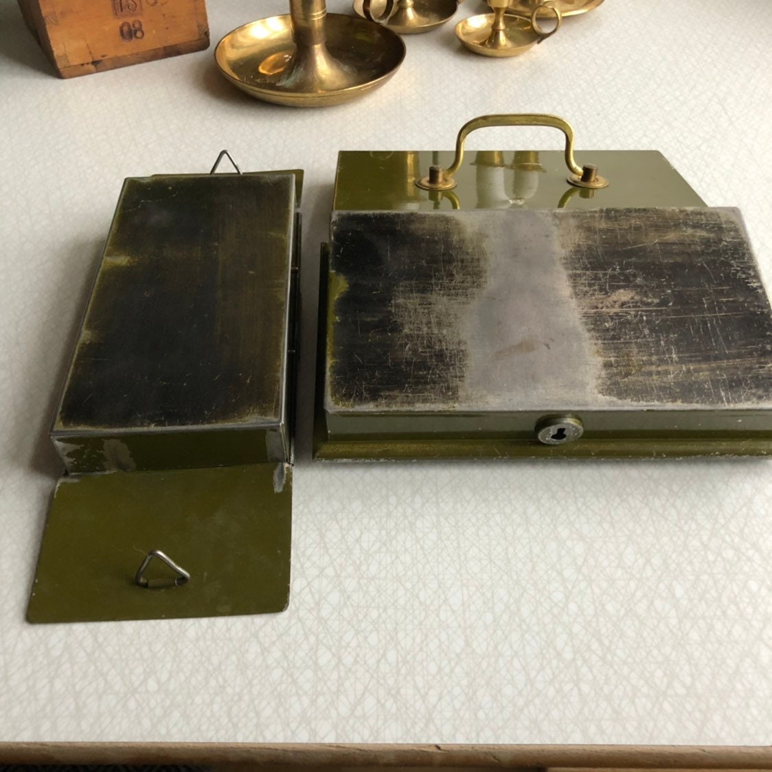 Vintage green metal and brass lock box / bank / safety box 1940s ...