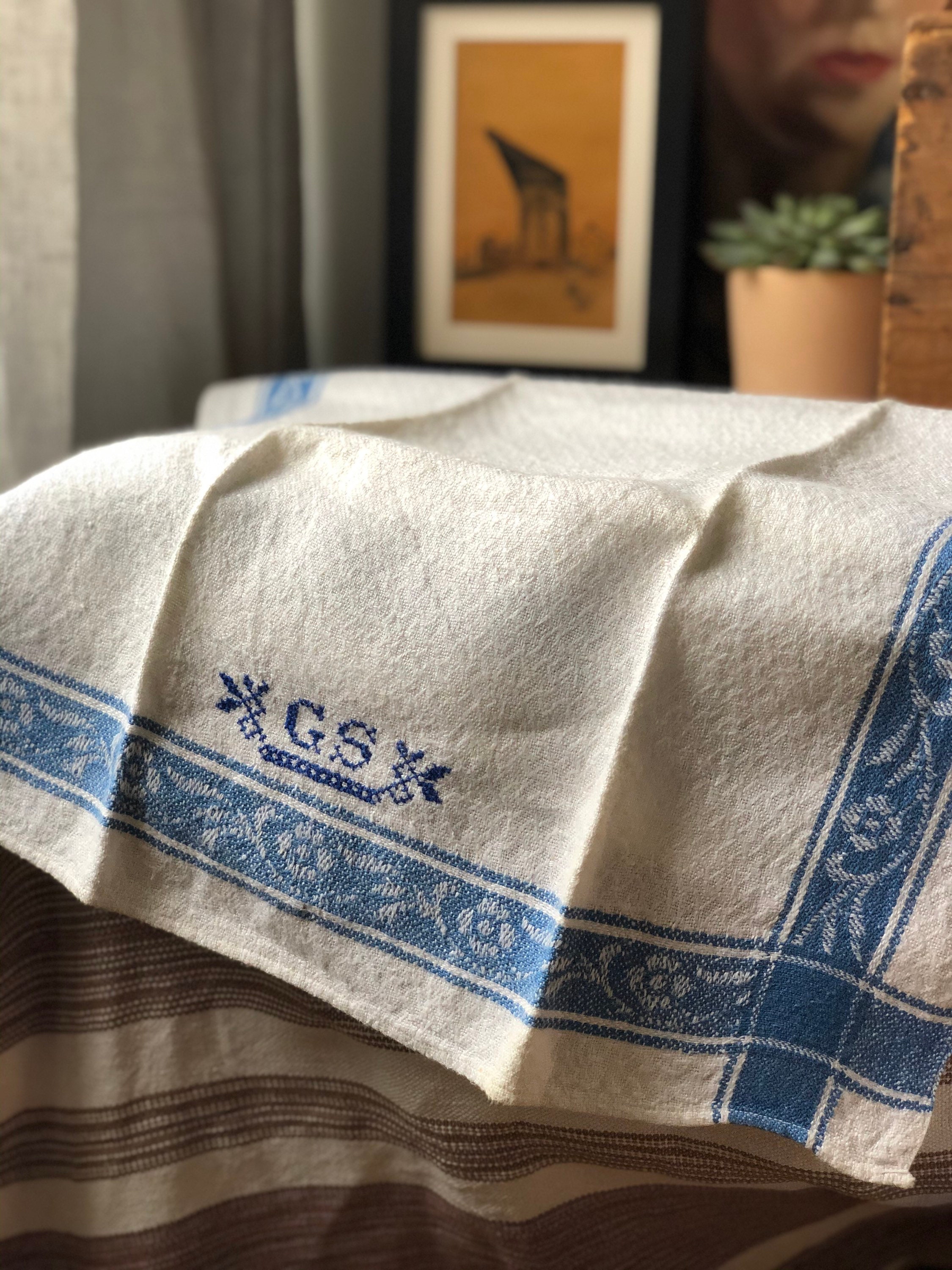 Vintage woven Scandinavian hand towel kitchen towel monogramed GS blue ...