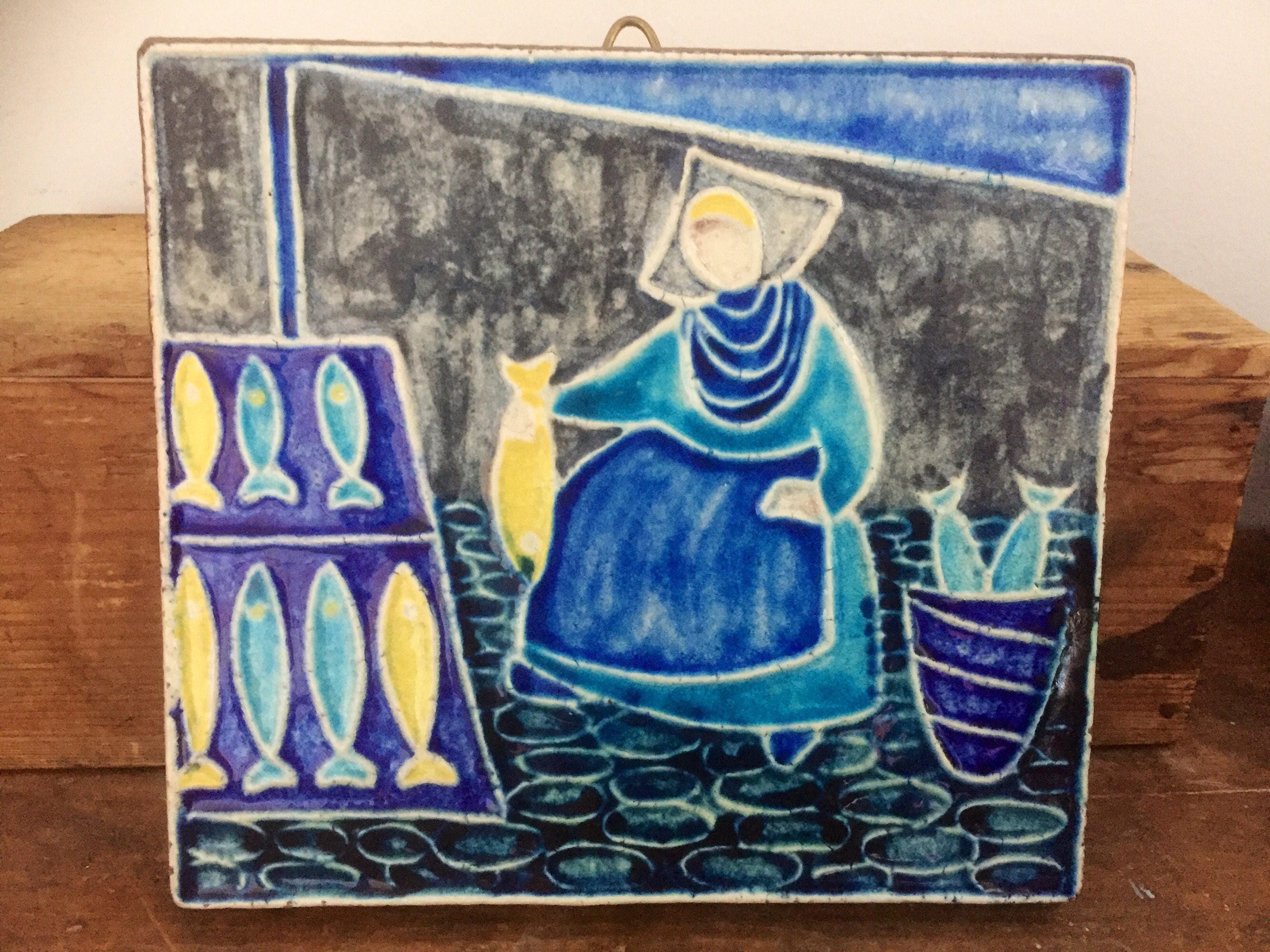 Danish/ceramic wall tile/women fish market /Dietlinde Hein/Knabstrup ...