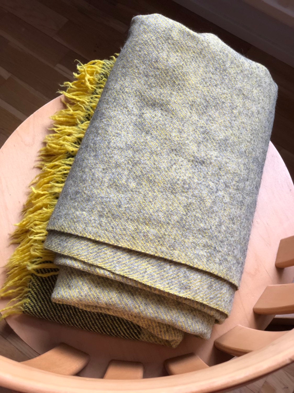 Wool throw blanket yellow grey green tones wool blanket throws vintage ...