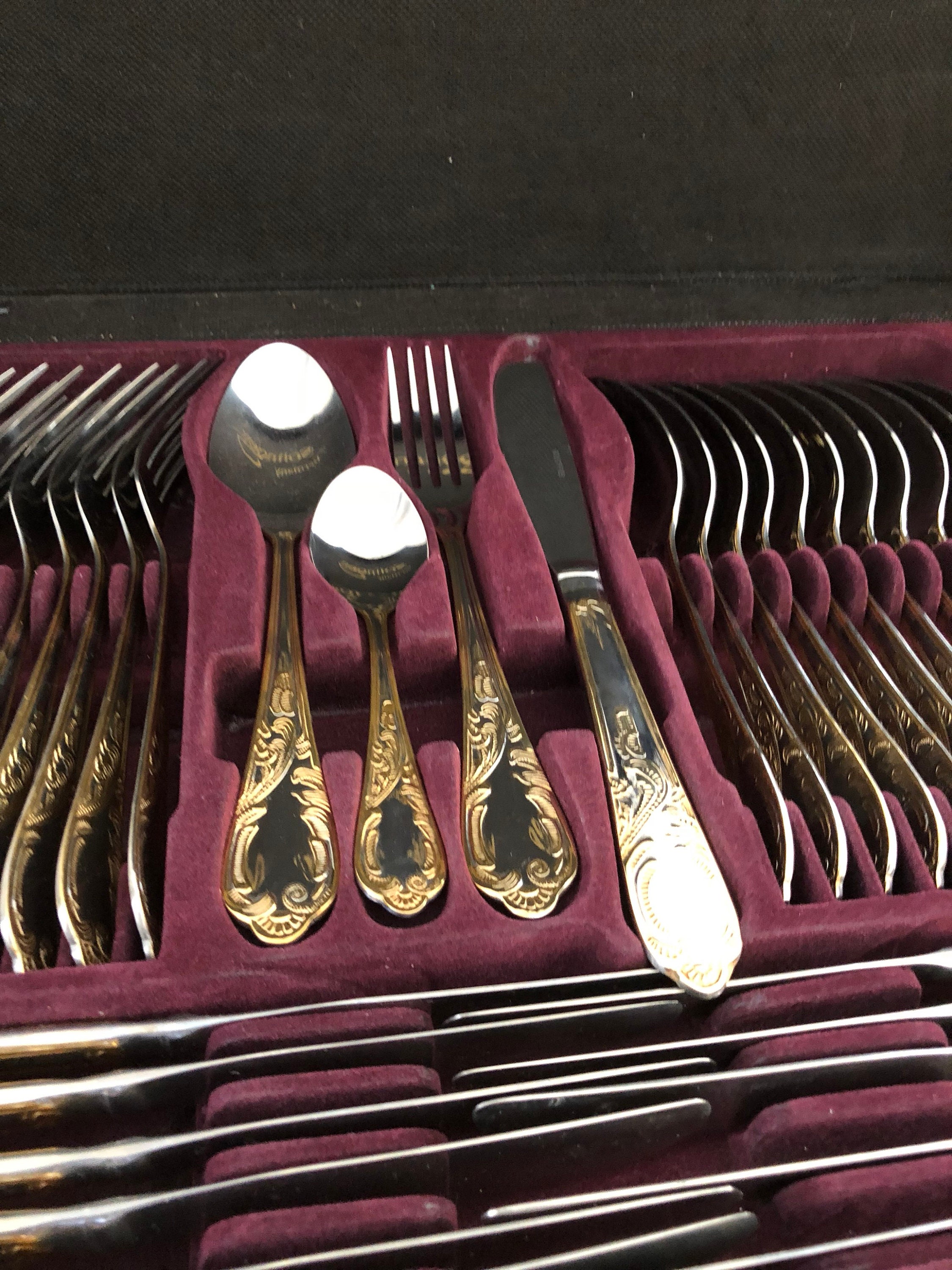 Vintage/flatware set/solingen Germany/stainless steel and gold plated ...