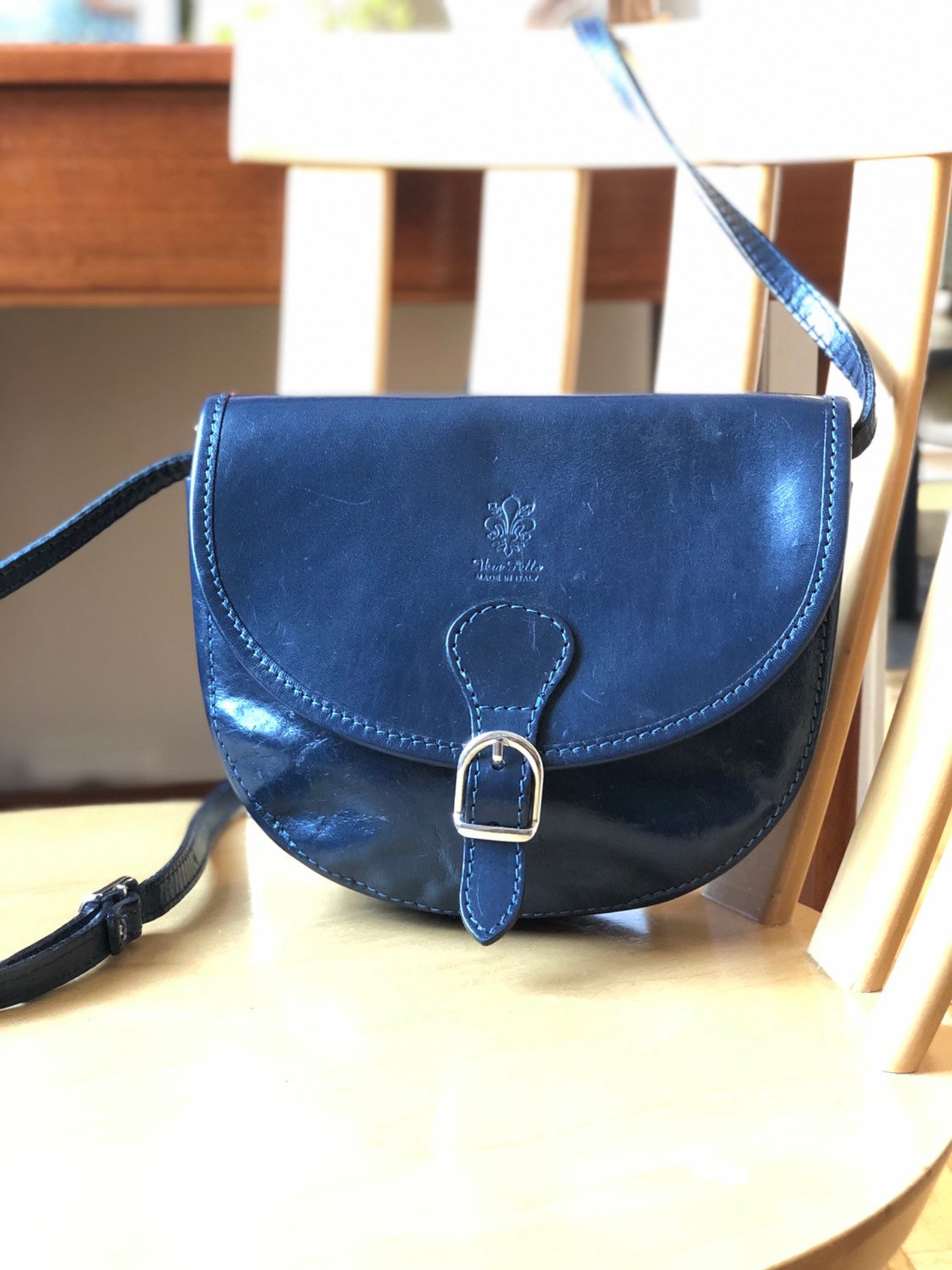 Navy Blue Leather Vera Pelle Purse 80s Vintage Made in Italy - Etsy