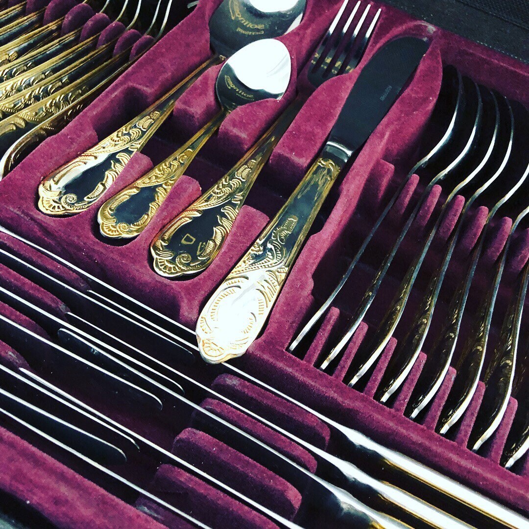 Vintage/flatware set/solingen Germany/stainless steel and gold plated ...
