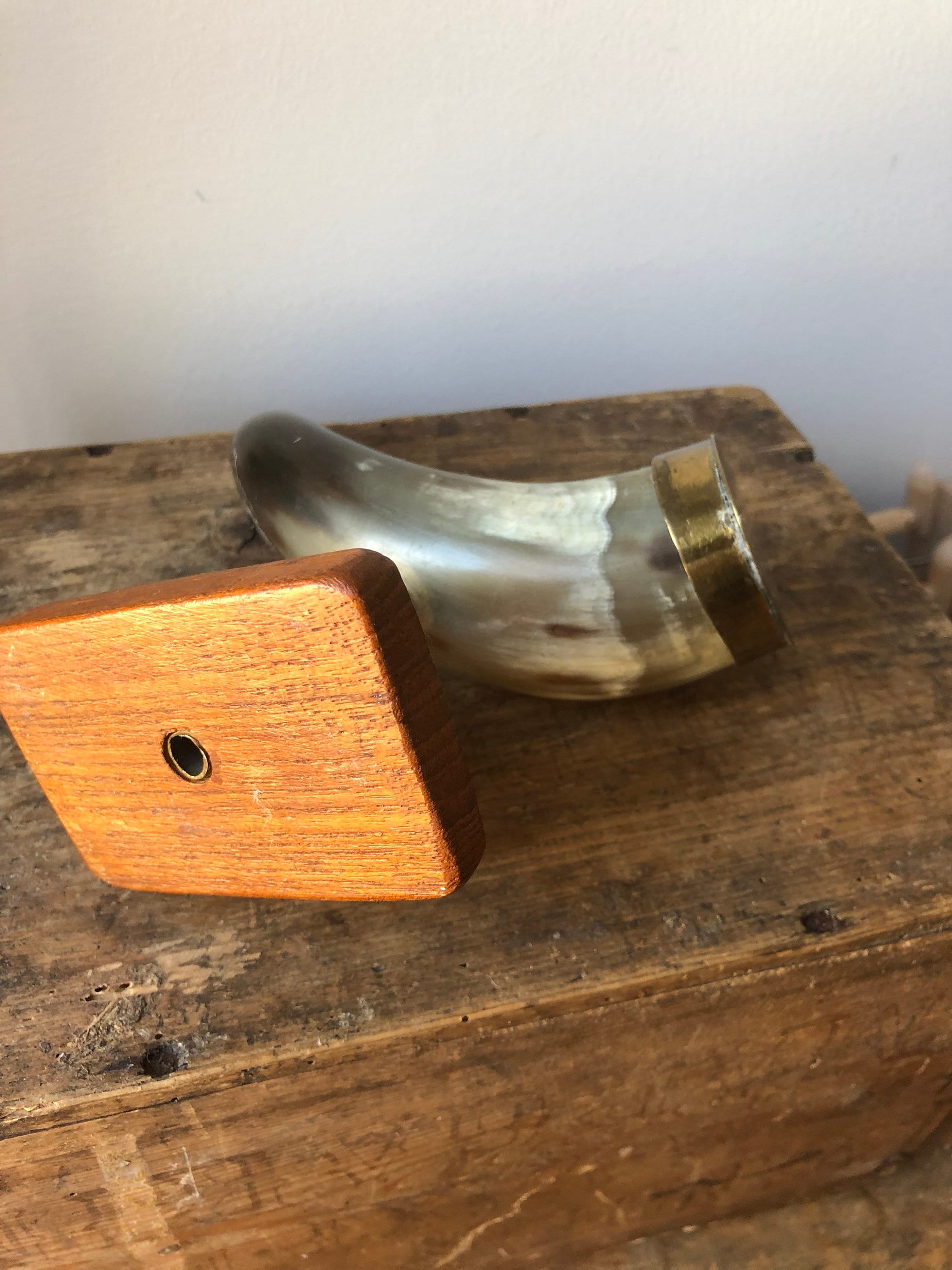 Scandinavian Powder horn with brass mount on teak base / nordic ...