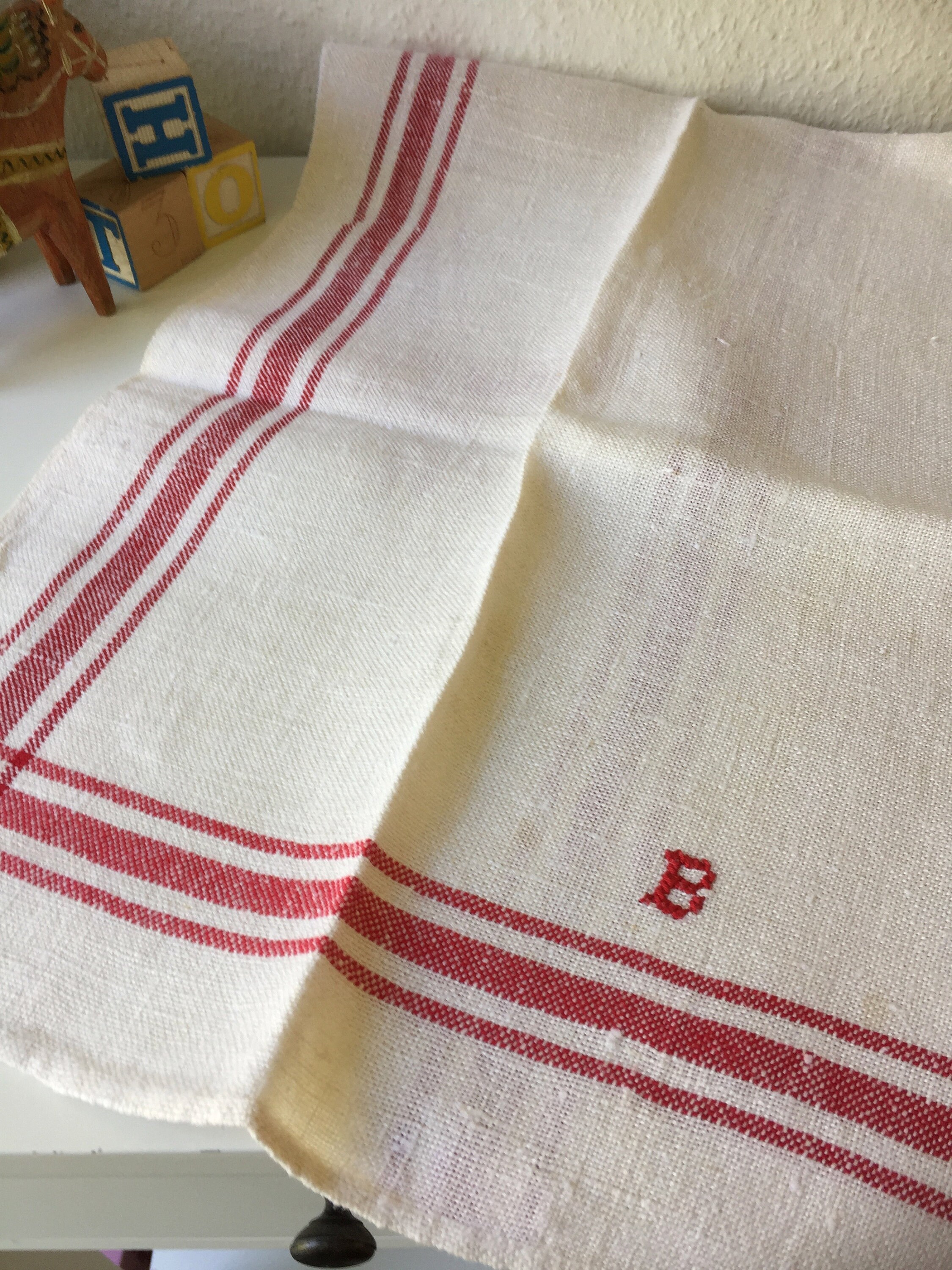 Vintage/woven/Scandinavian/hand towel/kitchen towel/monogram B/red and ...