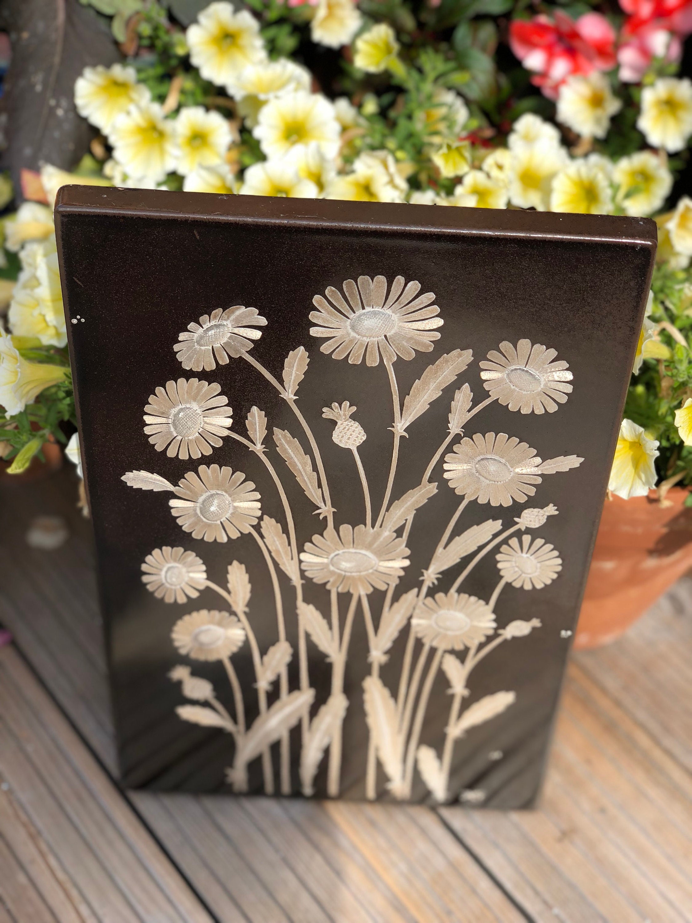 Gustavsberg art ceramic tile plaque from 1976 silver daisies designed ...