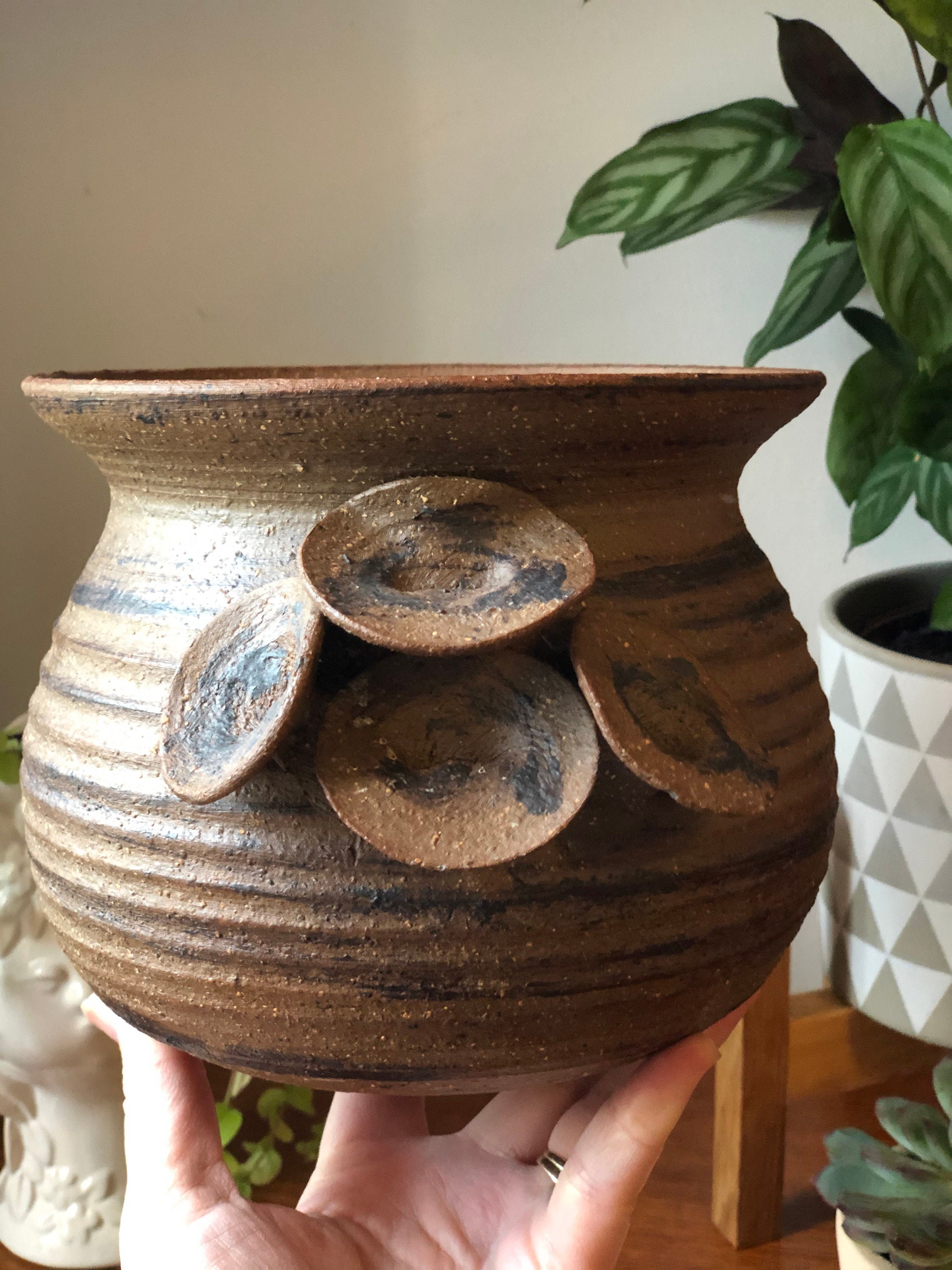 Scandinavian studio pottery planter boho flower pot signed mushroom detail