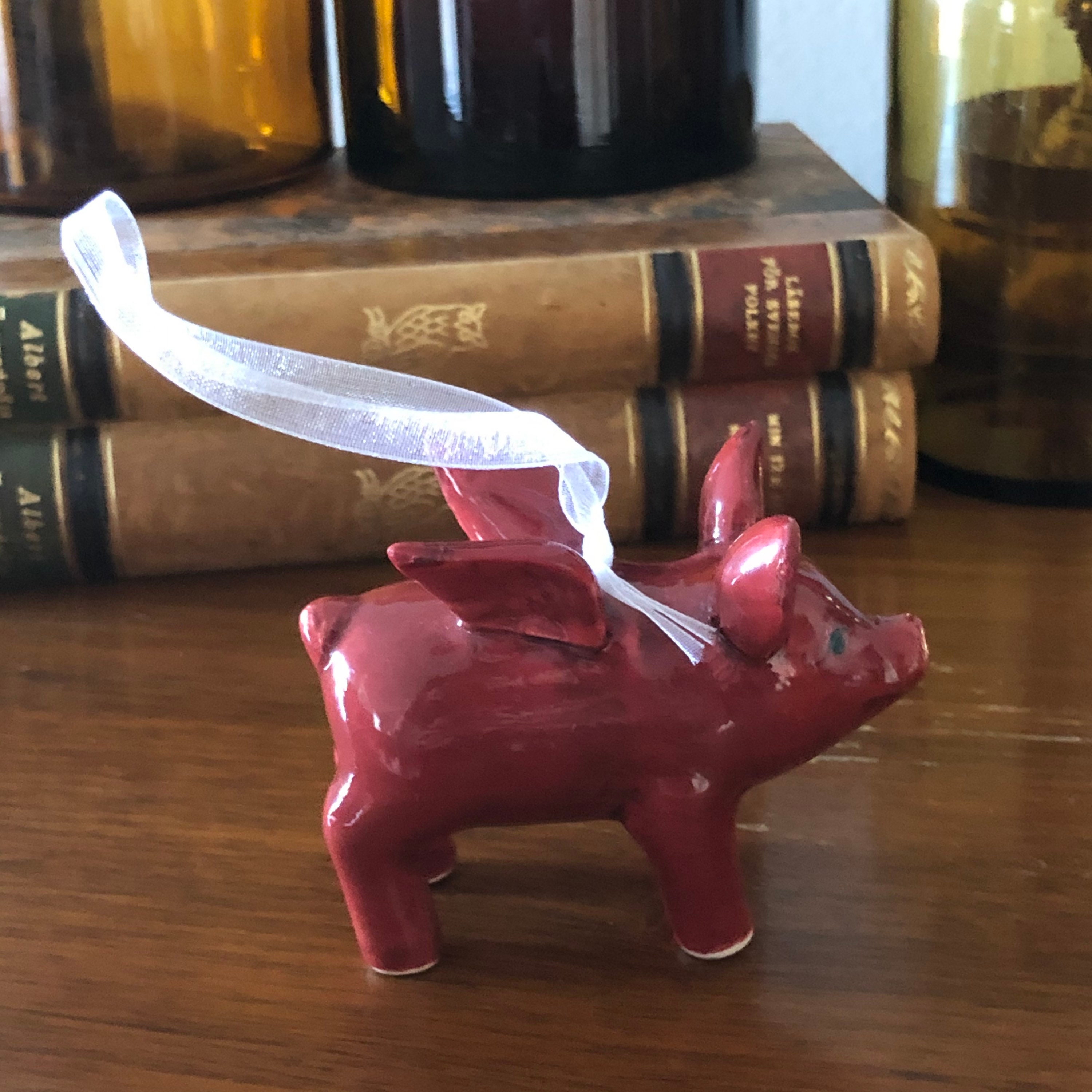 Ceramic flying pig Swedish Christmas tree ornament burgundy decor with ...