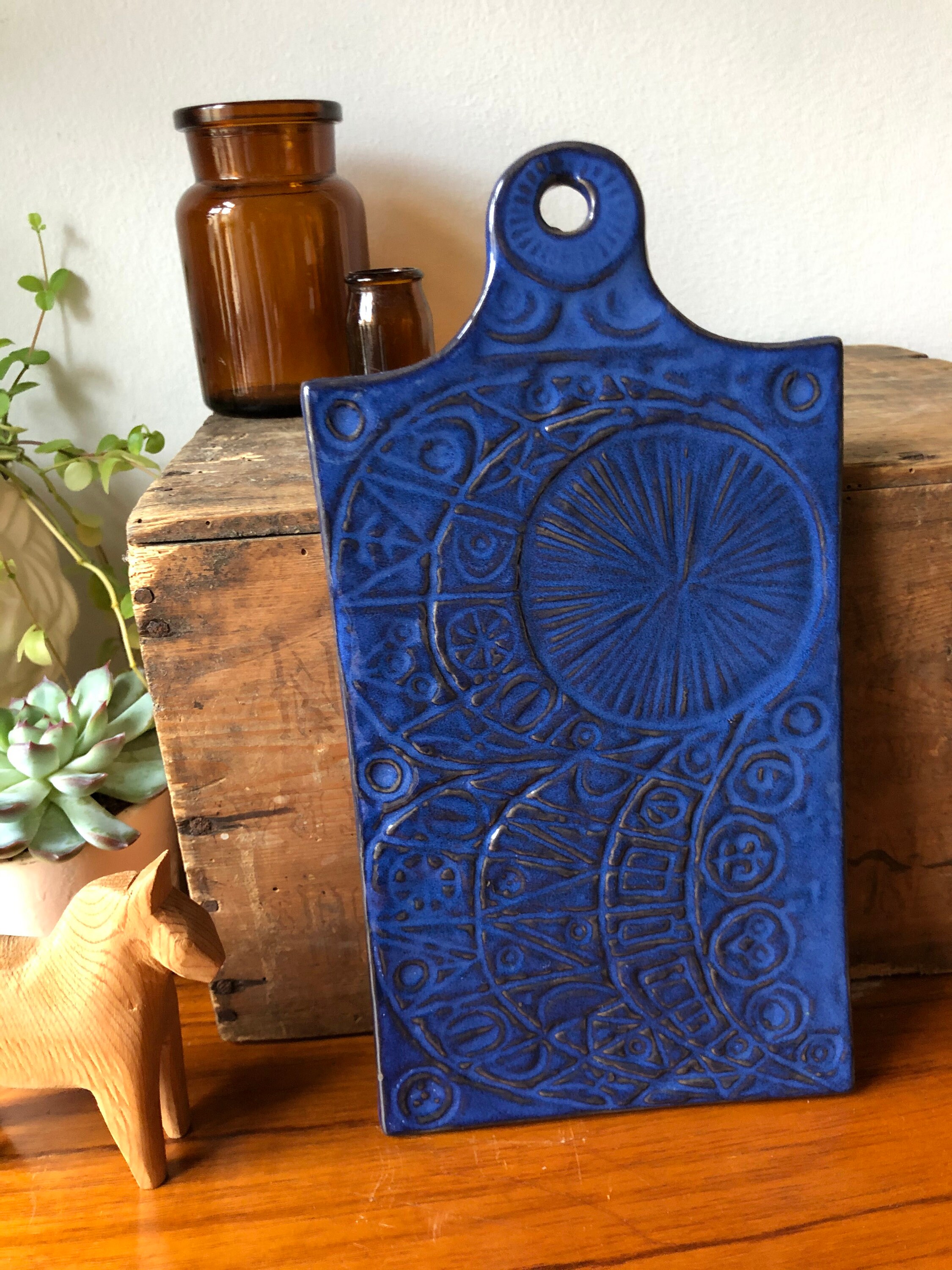 Scandinavian Blue ceramic art tile plaque midcentury modern design wall ...