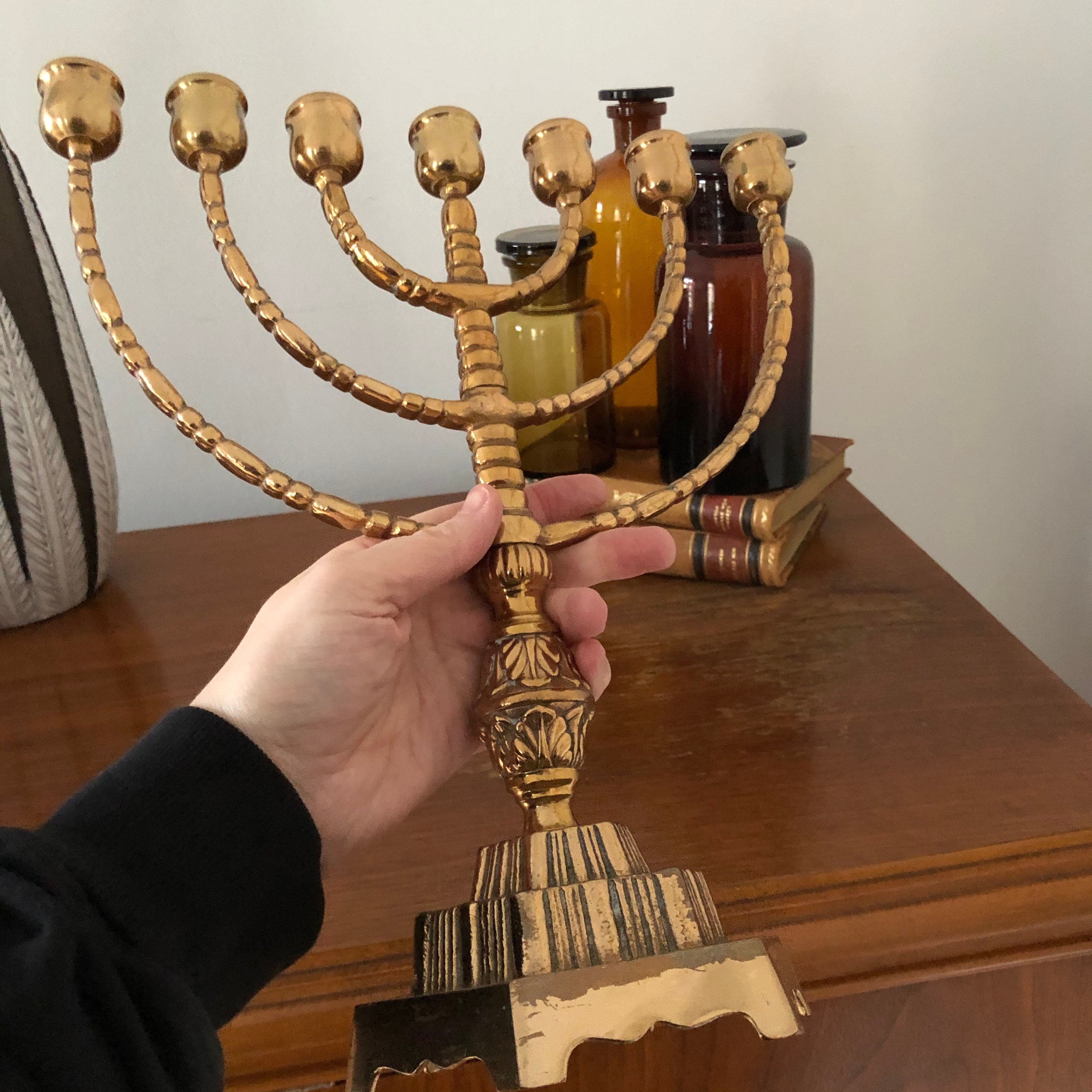 Heavy bronze menorah vintage pedestal stunning 7 arm bronze malm