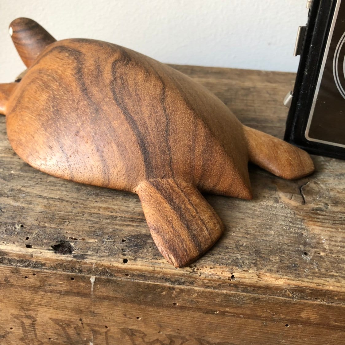 Scandinavian teak turtle with mother of pearl eyes wooden carving mid ...