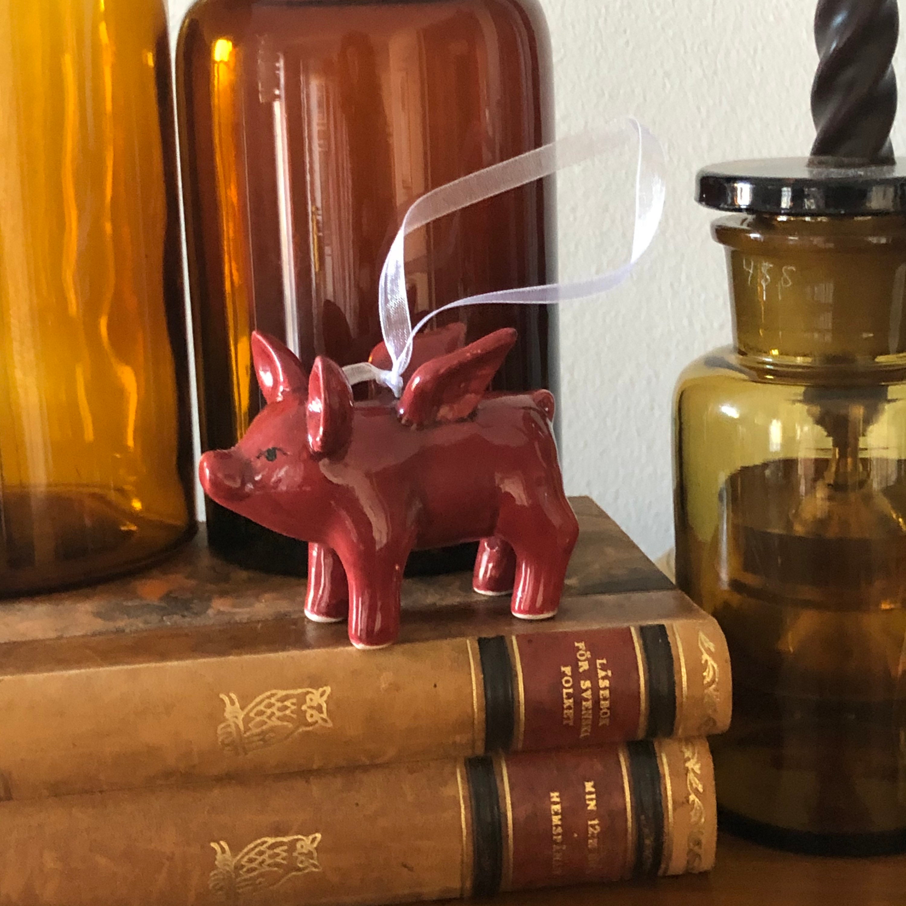 Ceramic flying pig Swedish Christmas tree ornament burgundy decor with ...