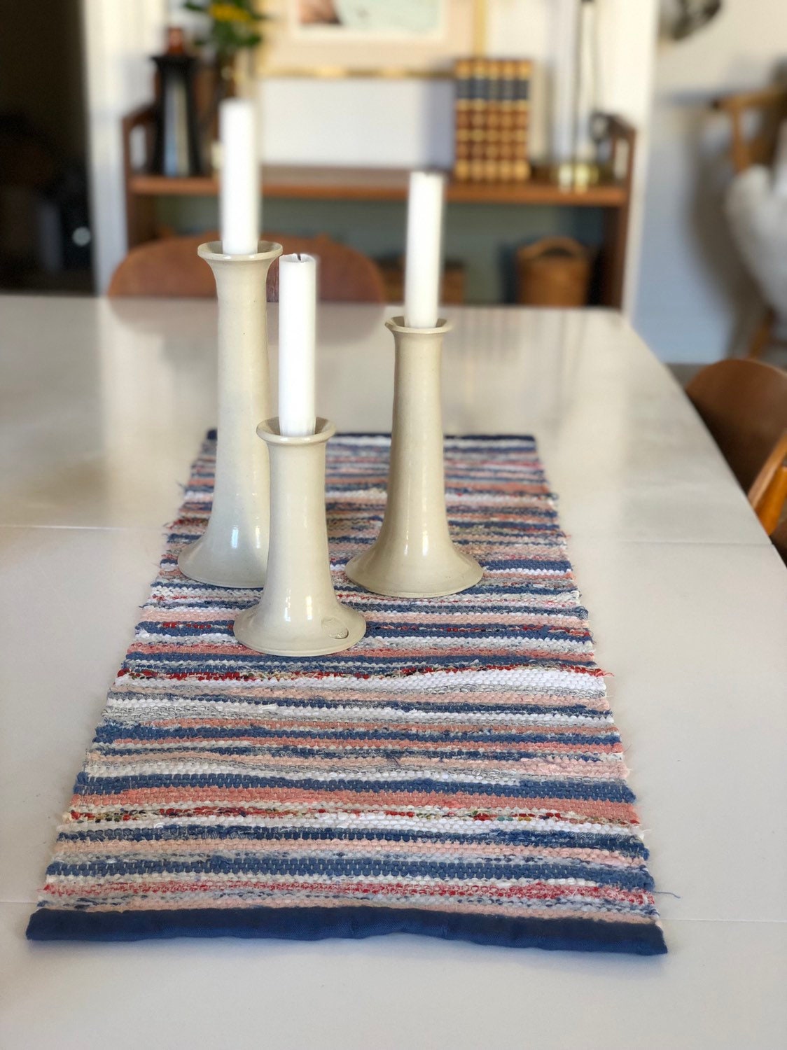 Thick Handwoven rag rug table runner / nordic Scandinavian multicolored ...